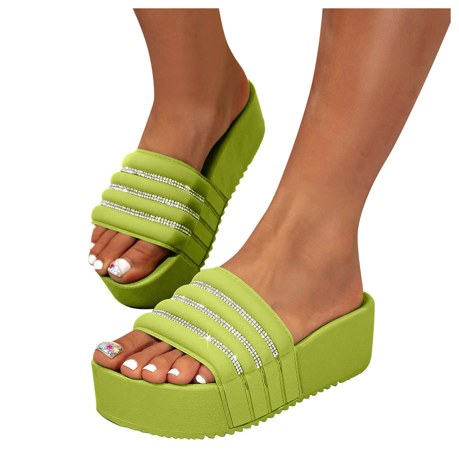 Rhinestones Platform Slip on Sandals for Women 2025 Leather Open Toe ...