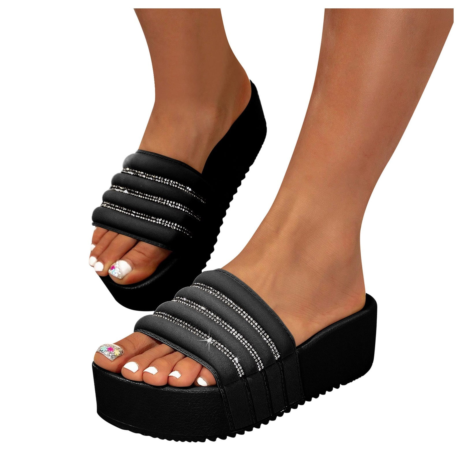 Rhinestones Platform Slip on Sandals for Women 2025 Leather Open Toe ...