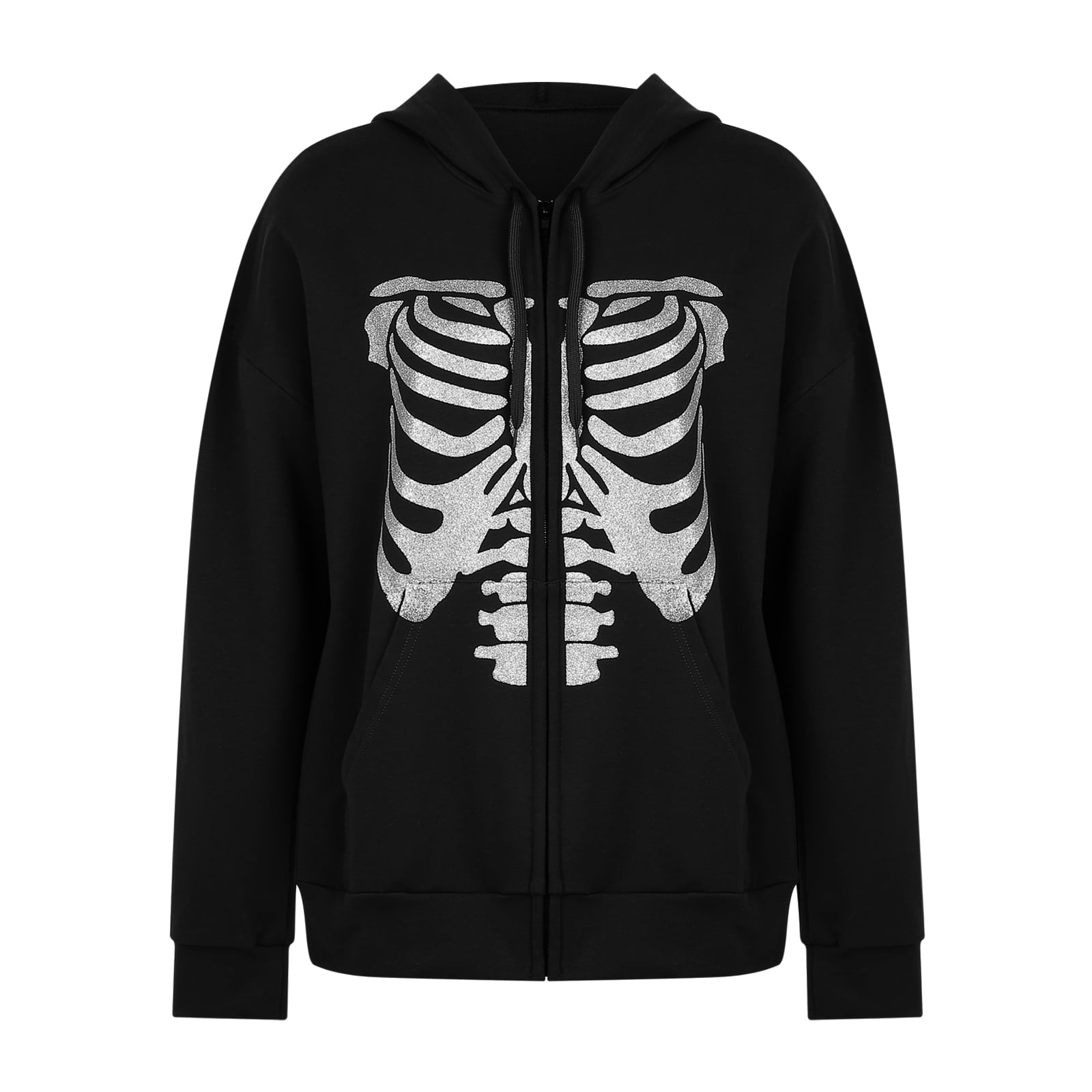 Rhinestones Spider Web Skeleton Print Black Y2k Goth Long-sleeve Full ...