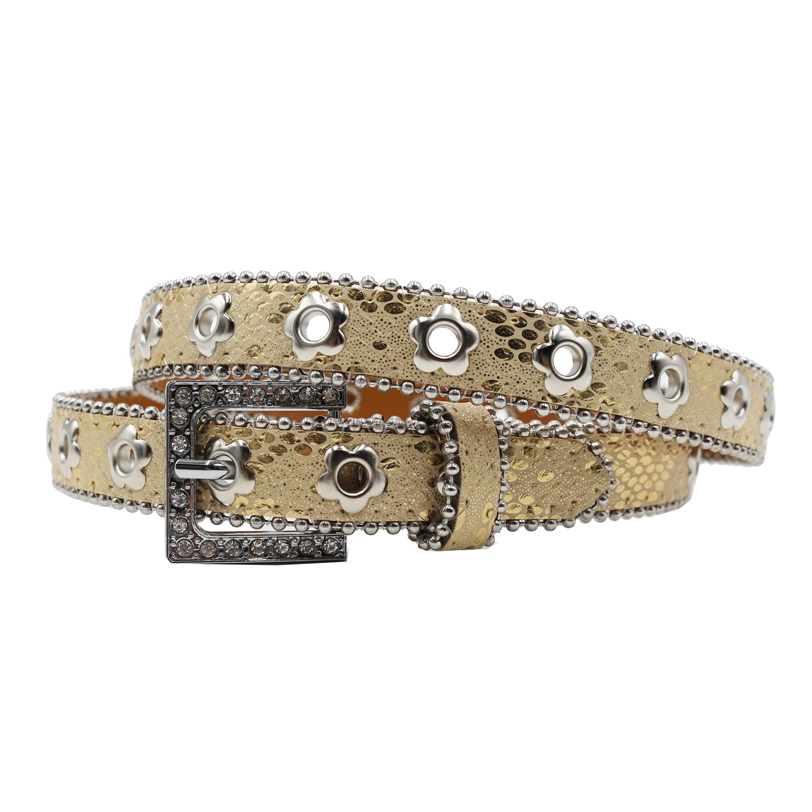 Rhinestones Western PU Leather Belt for Men and Women Flower Eyelet ...