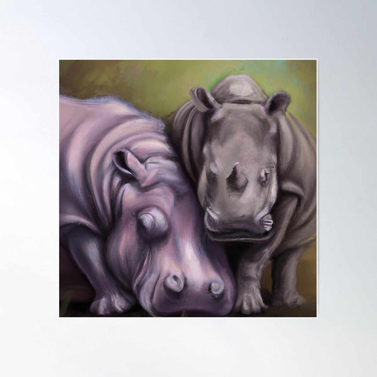 Rhino And Hippo Hug Poster Wall Art, Modern Wall Decor For Living Room ...