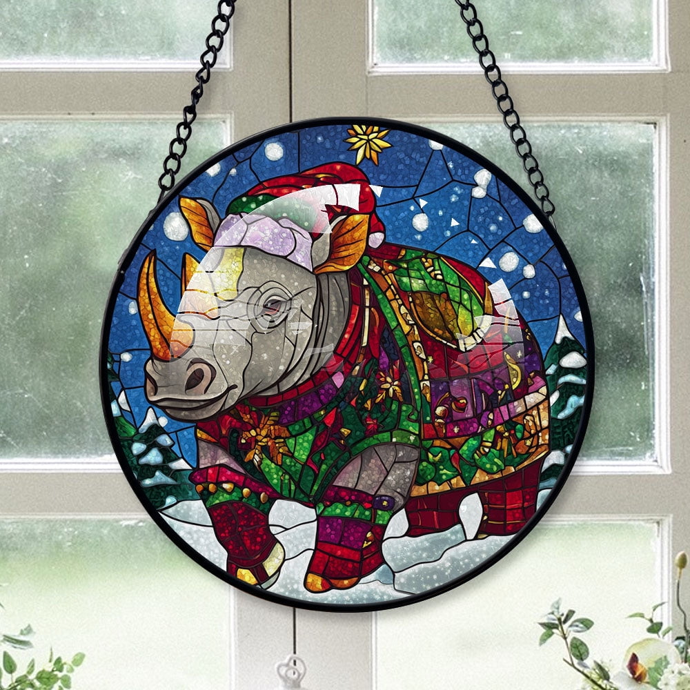 Rhino Ornament Christmas 2025, Rhino Stained Glass Window Hanging ...