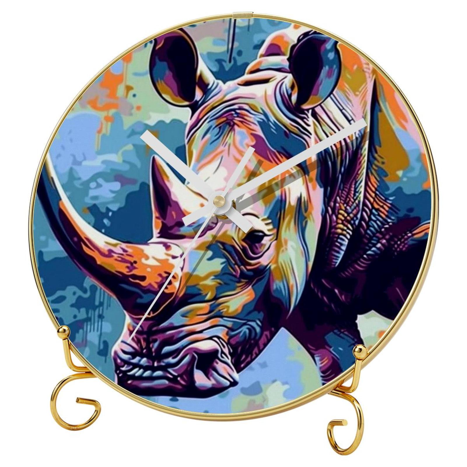Rhino Round Printed Wall Clock with Hooks and Gold Stand - Silent Non ...