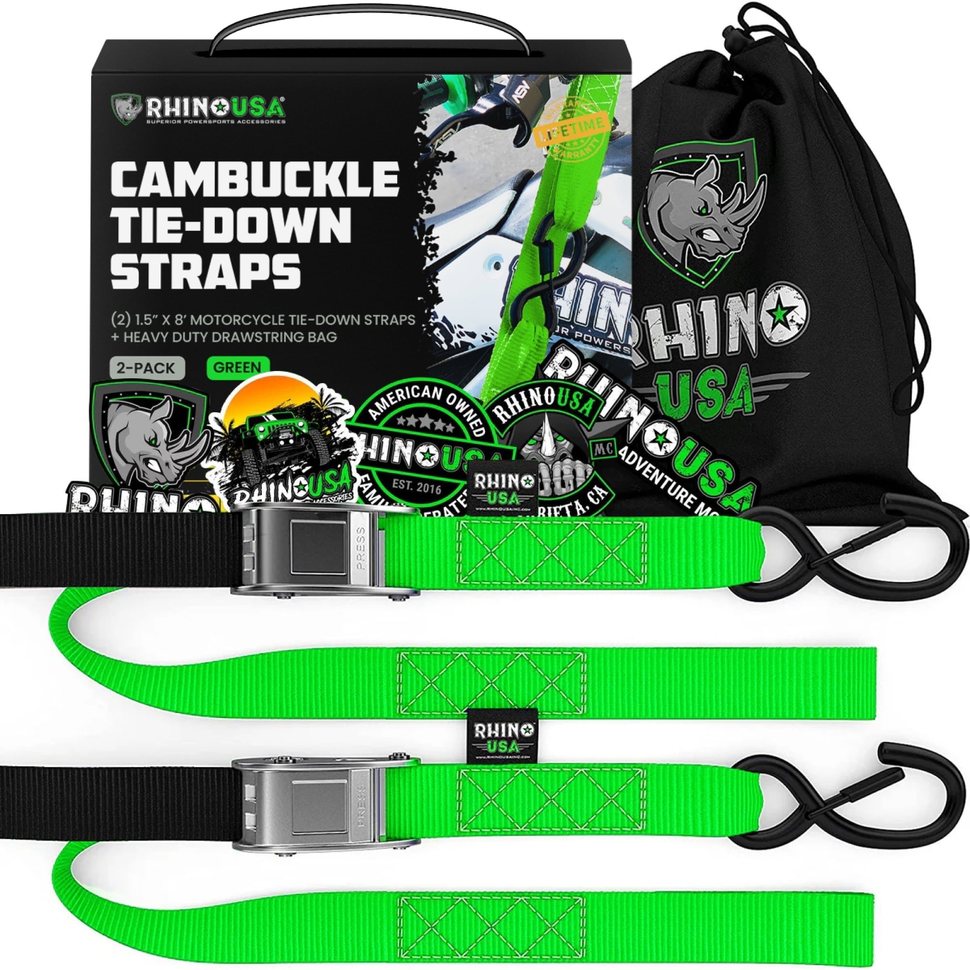 Rhino USA Motorcycle Tie Down Straps, 2 Pack, Steel Cambuckle, 2200lb ...