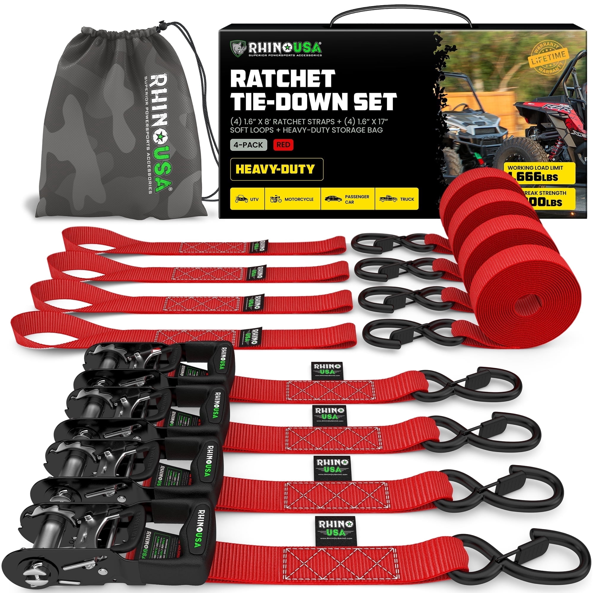 Rhino USA Heavy Duty Ratchet Tie-Down Set, 1.6"x8', 5208lb - Walmart.com