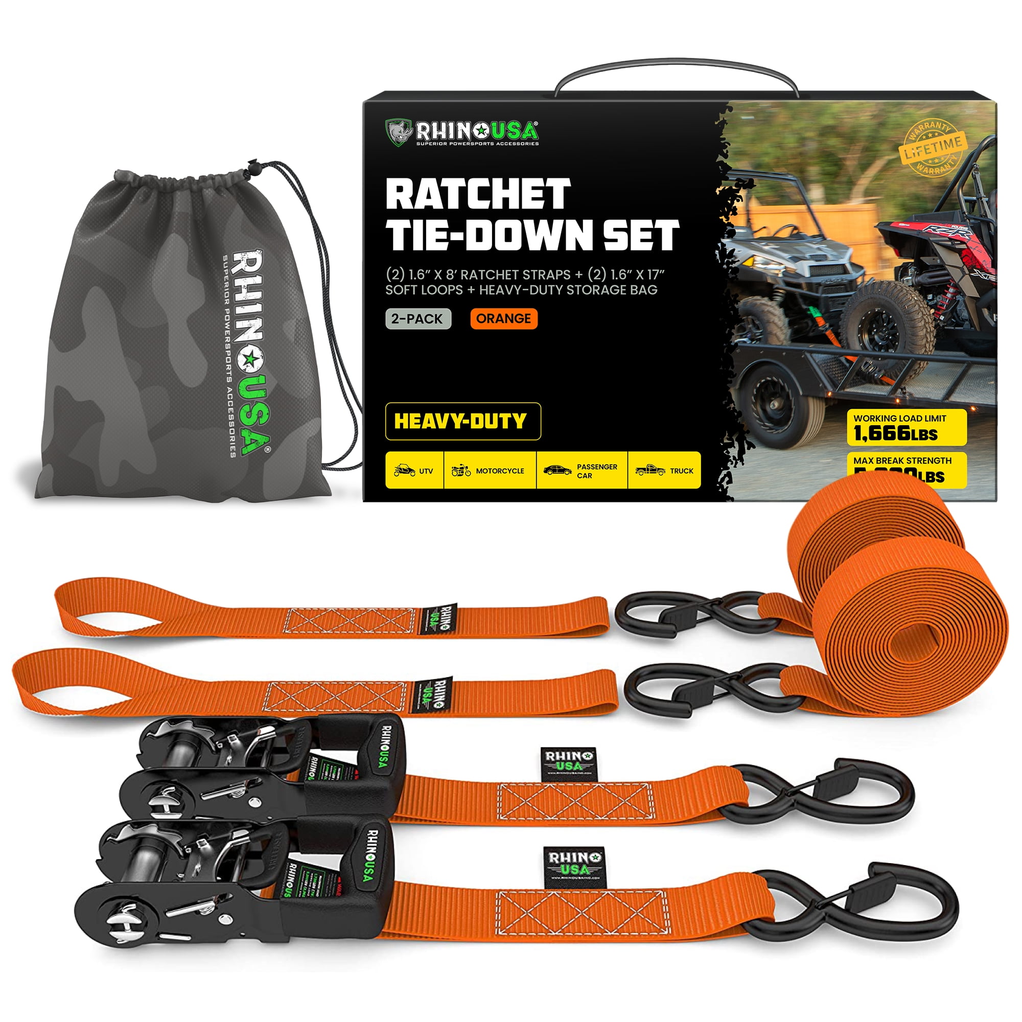 Rhino USA 1.6" x 8' Heavy Duty Ratchet Tie-Down Set with S Hooks - 5 ...