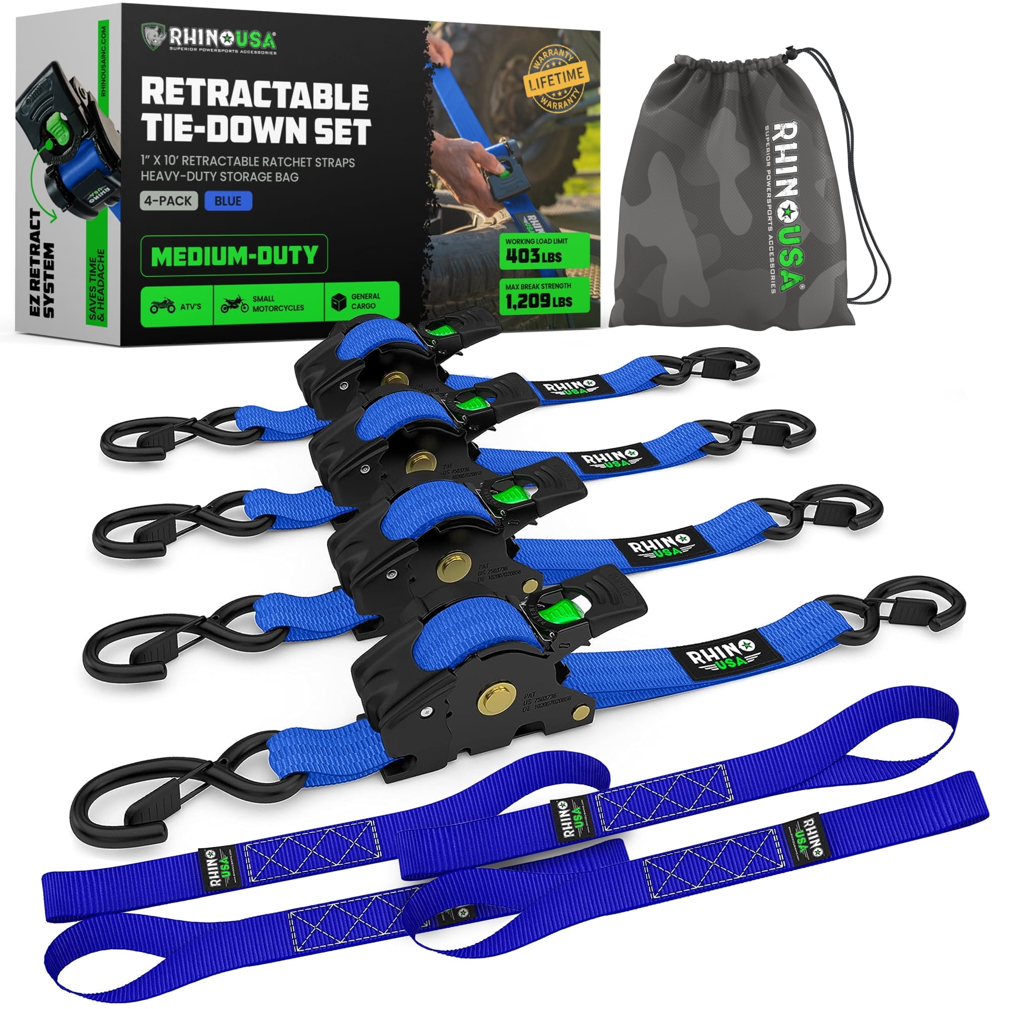 Rhino USA Heavy Duty 1" x 10' Retractable Ratchet Straps 1,209lb Break ...