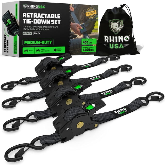 Free Shipping! Rhino USA 1" x 10' Retractable Ratchet Straps (4-Pack ...