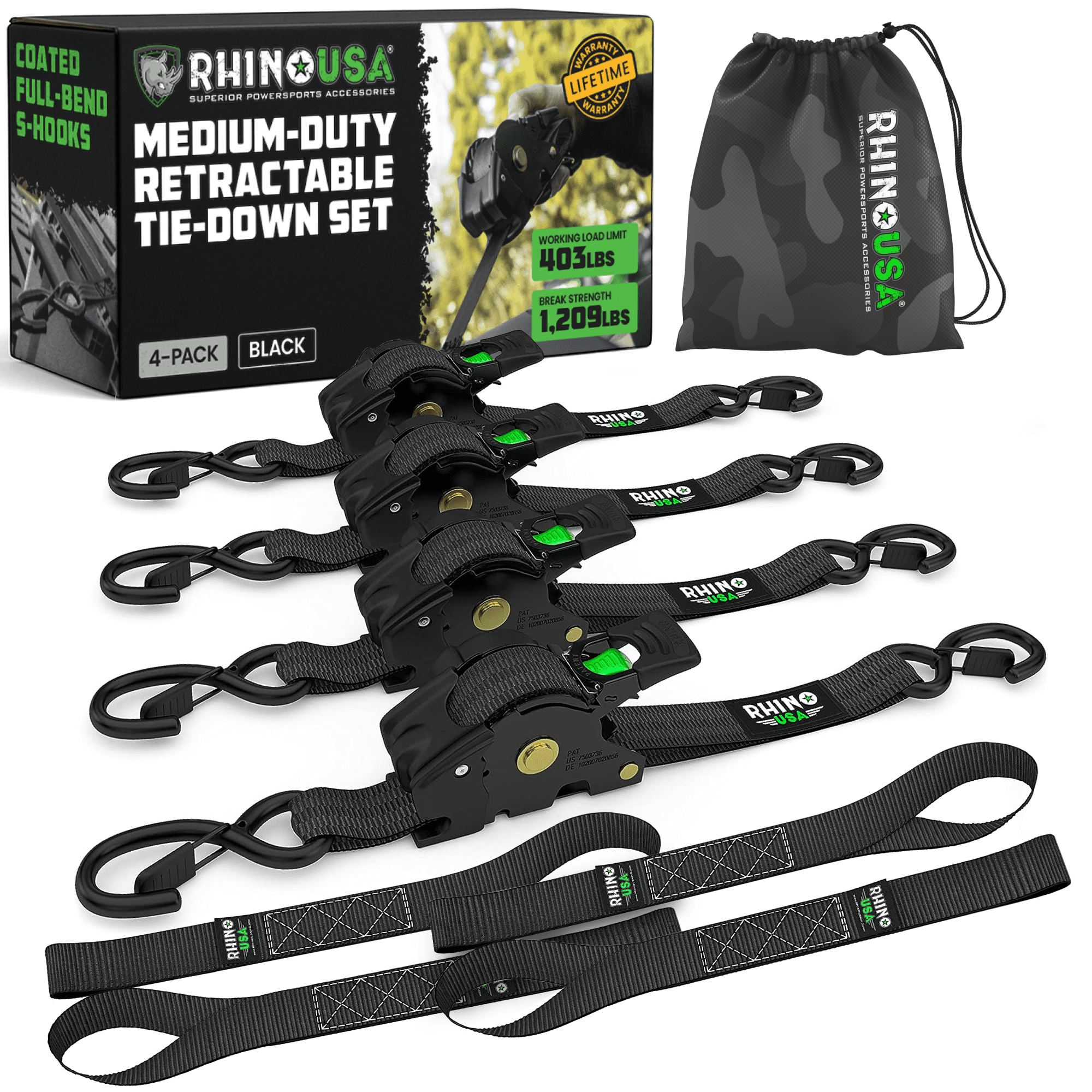 Rhino USA Heavy Duty 1" x 10' Retractable Ratchet Straps 1,209lb Break ...