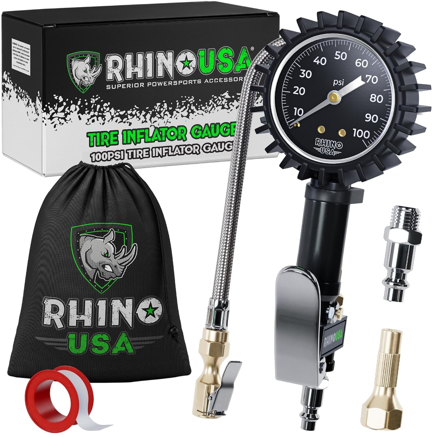 Rhino USA 100 PSI Tire Inflation with Air Compressor, Analog Pressure ...