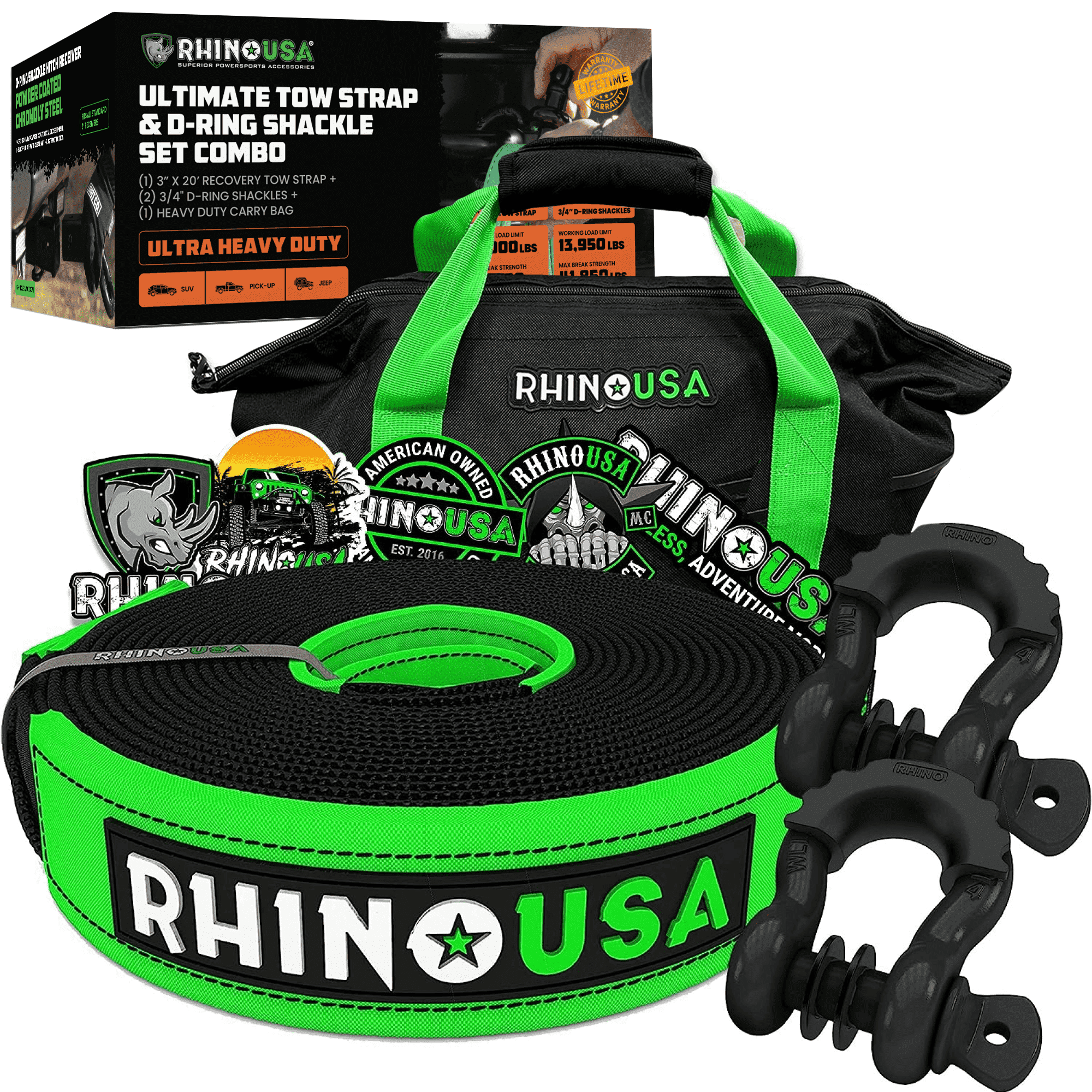 Rhino USA 20' Tow Strap & D-Ring Shackle Set, Heavy Duty, Off-Road ...