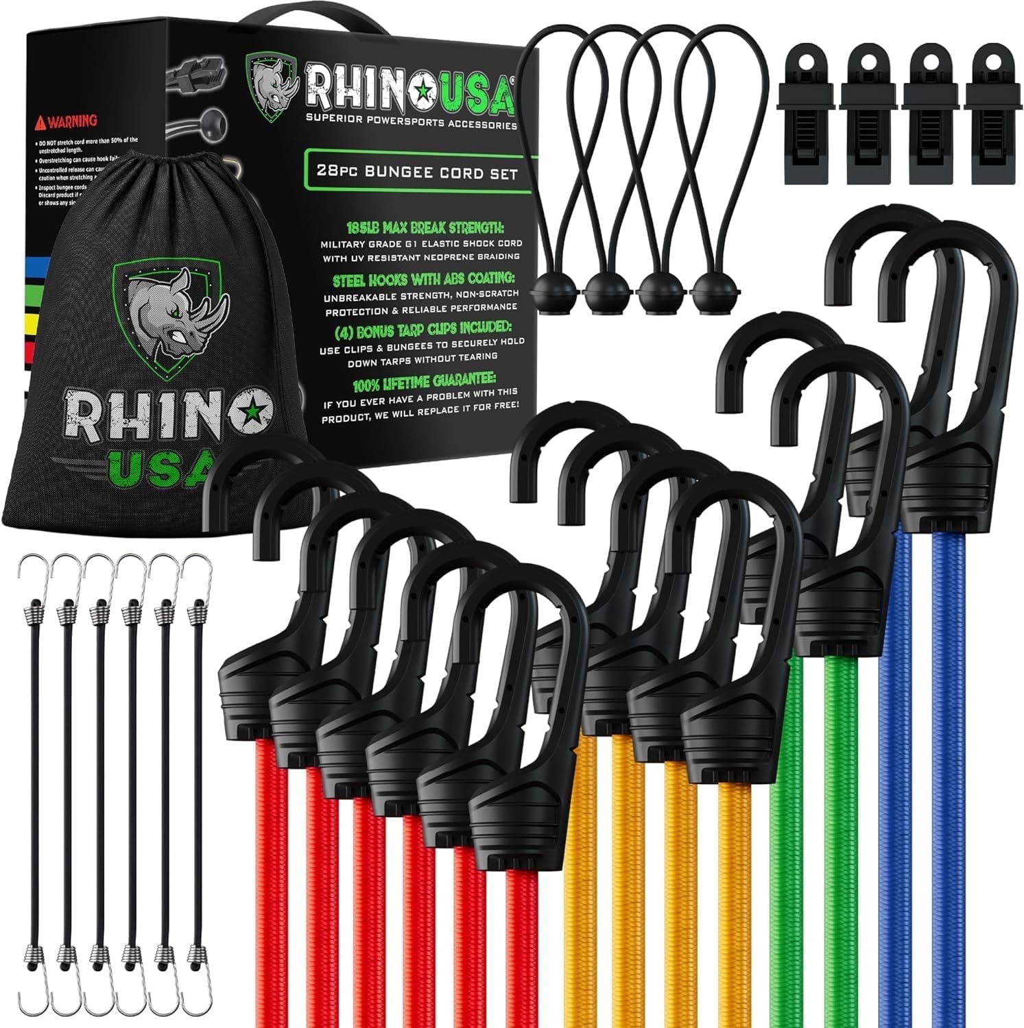 Rhino USA Heavy Duty 28 Piece Bungee Cord Set with Tie Straps and Tarp ...