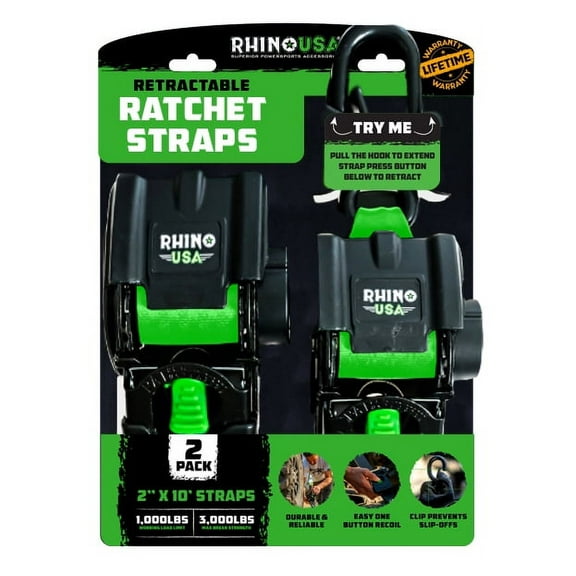 "Rhino USA 2"" x 10' Heavy-Duty Retractable Ratchet Tie Down Straps ...