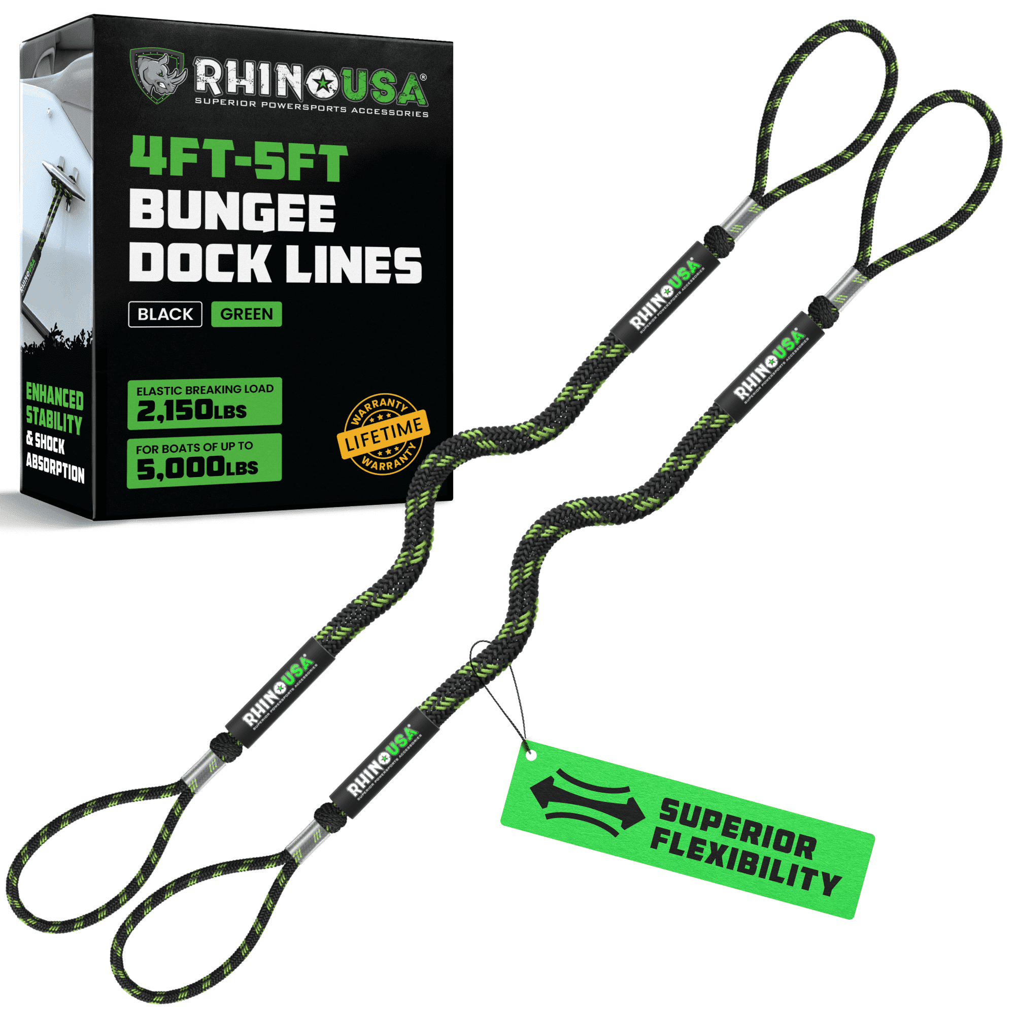 Rhino USA 4' Bungee Dock Line For Boats - Ultimate Docking Ropes For ...