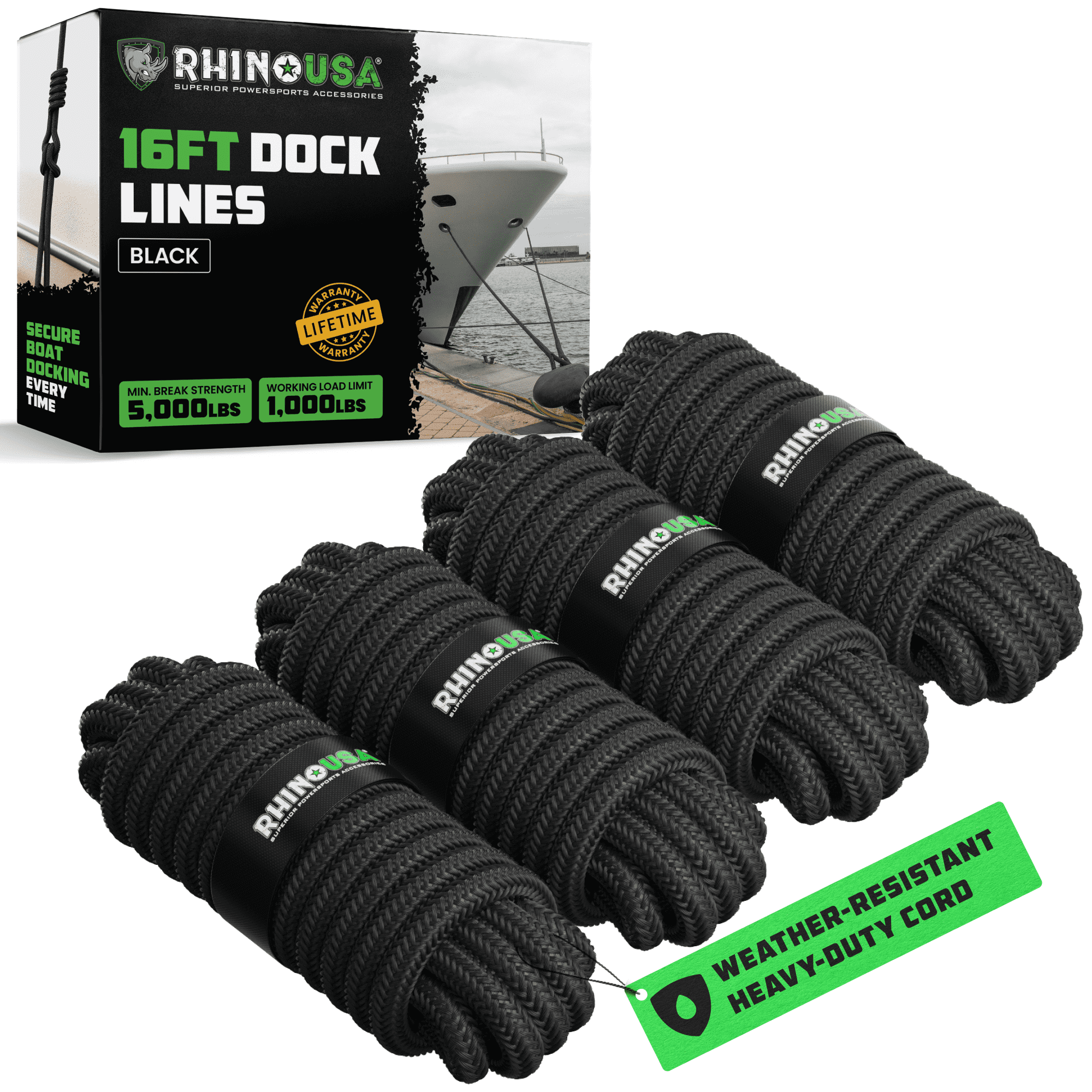 Rhino USA 5/8" x 16' Dock Lines - Heavy Duty Marine Grade Rope for ...