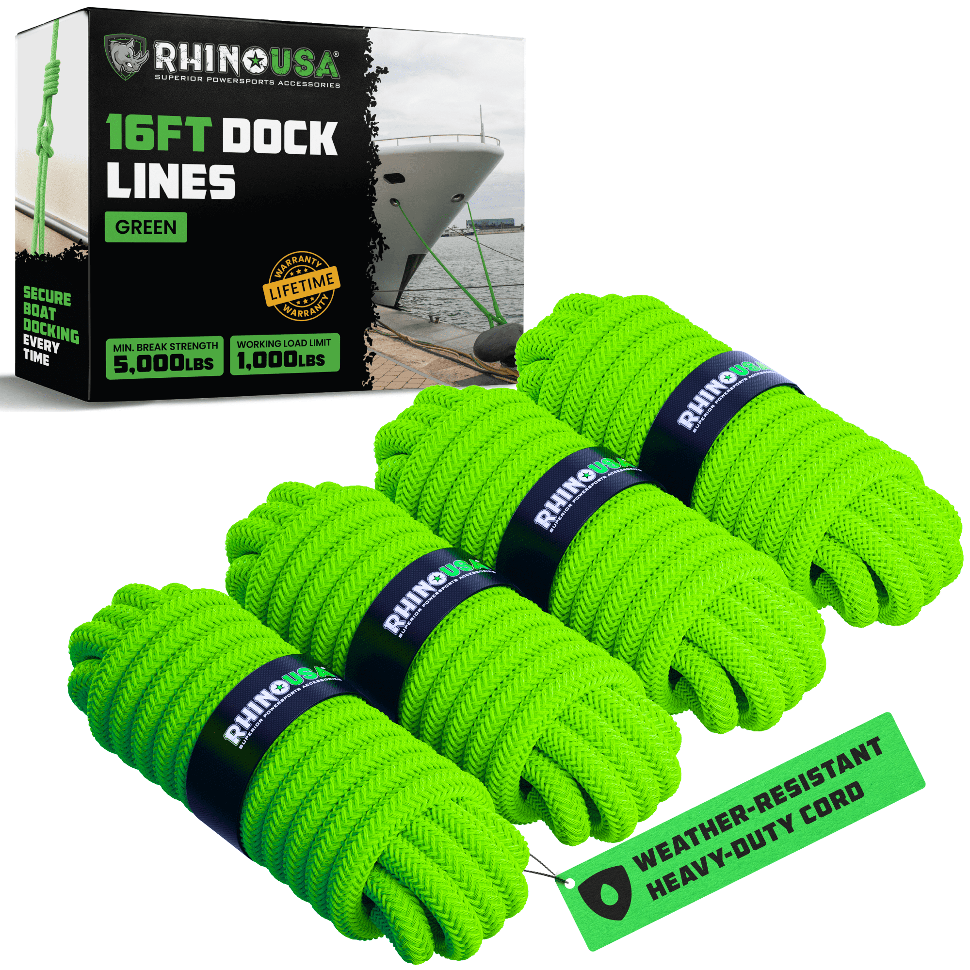 Rhino USA 5/8" x 16' Dock Lines - Heavy Duty Marine Grade Rope for ...