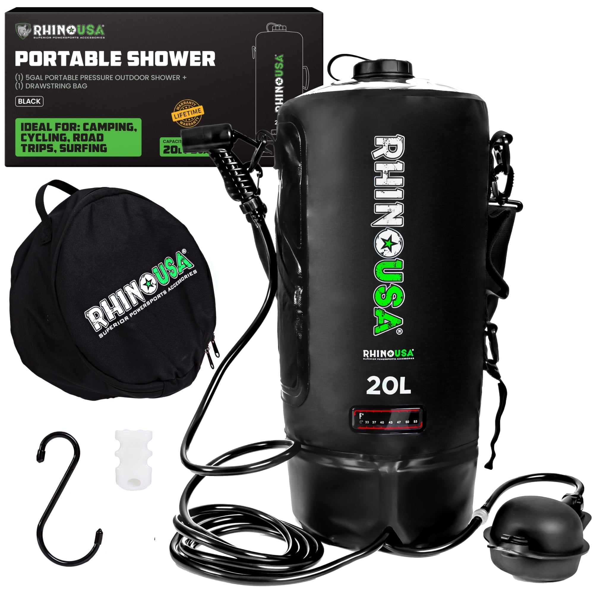 Rhino USA, Portable Solar Camp Shower, 5 Gal / 20L, Heated Water ...