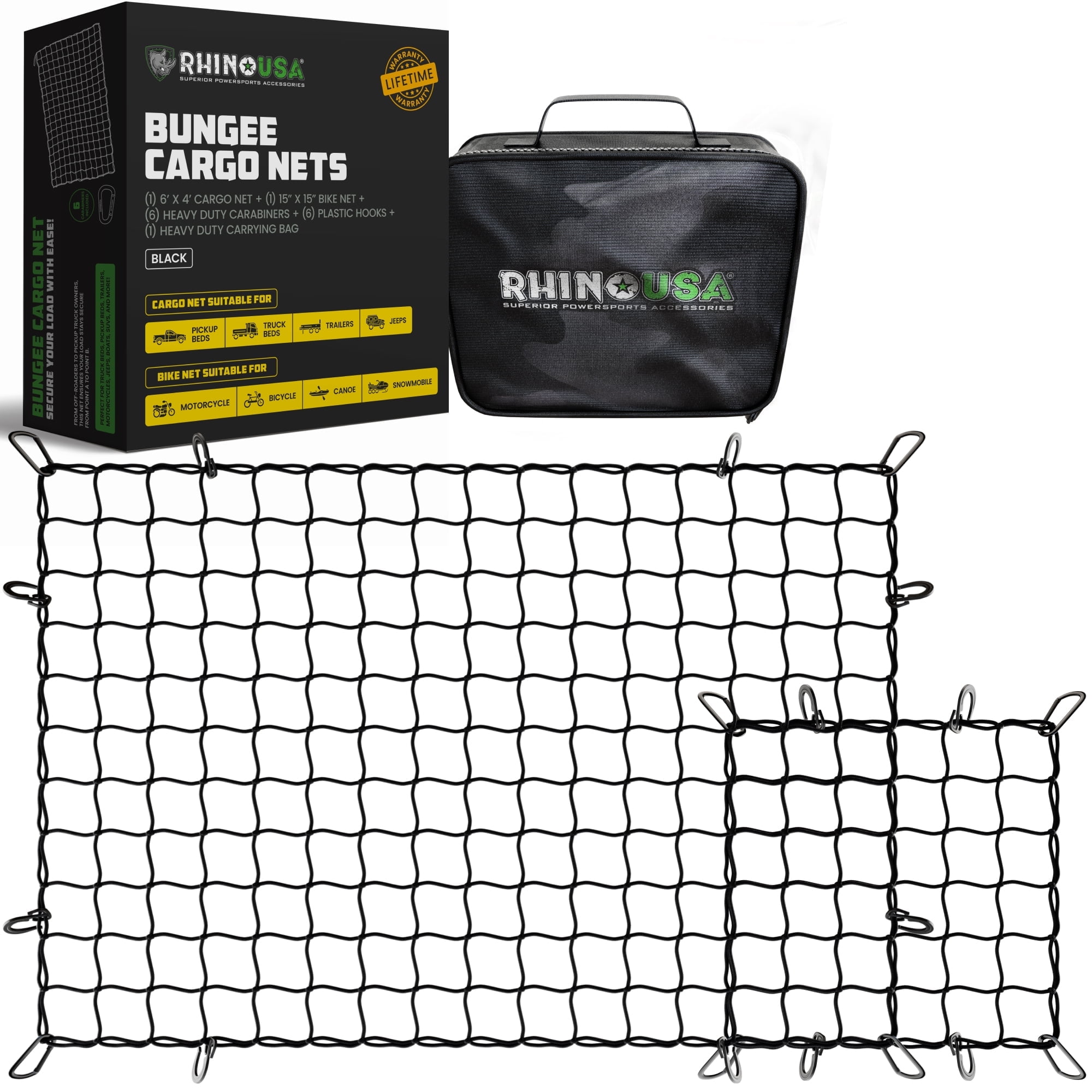 Rhino USA Bungee Cargo Net Set with Carry Case, Carabiners, 4' x 6’ Net ...