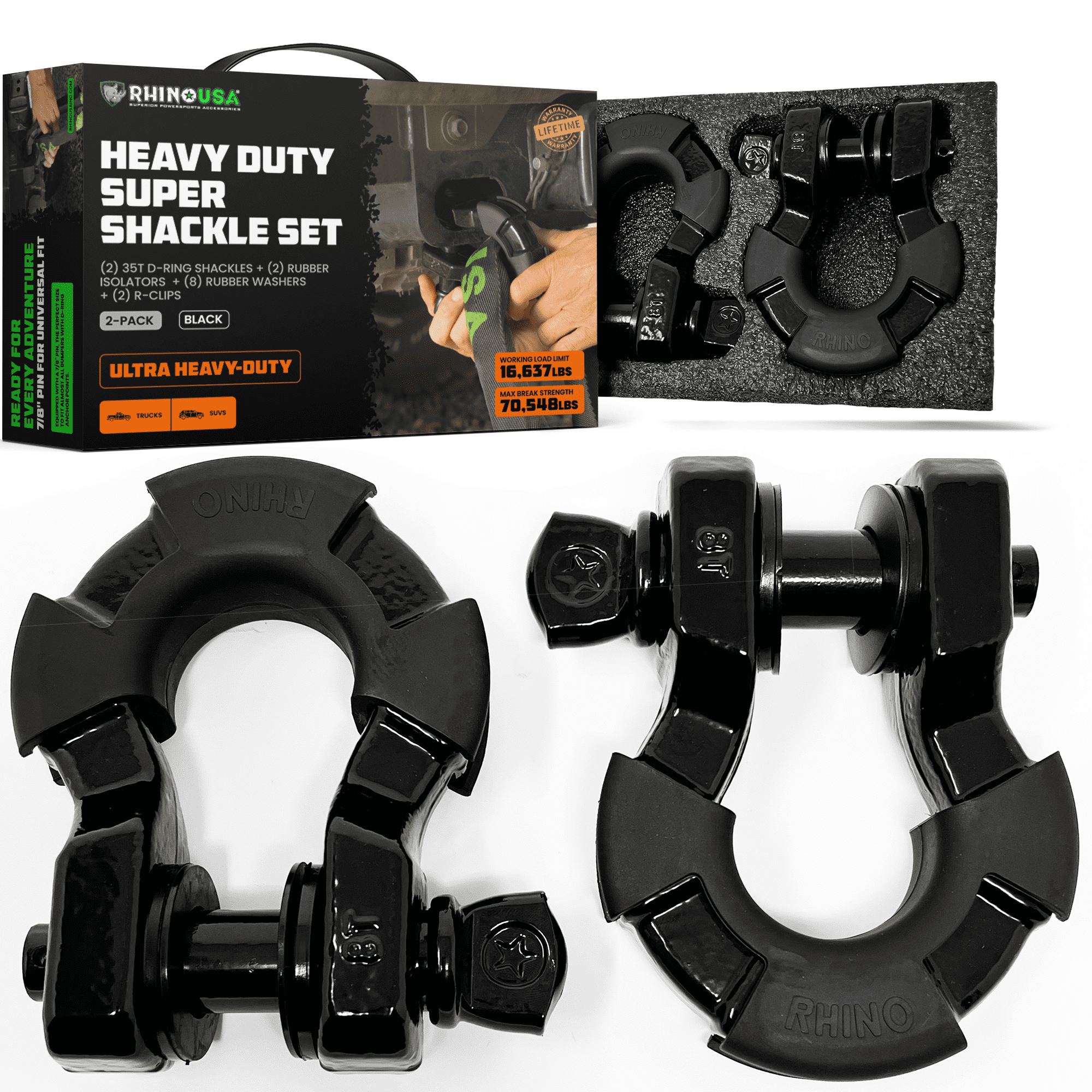 Rhino USA D-Ring Super Shackle Set (2 Pack) - 70,548 lbs Max Break ...