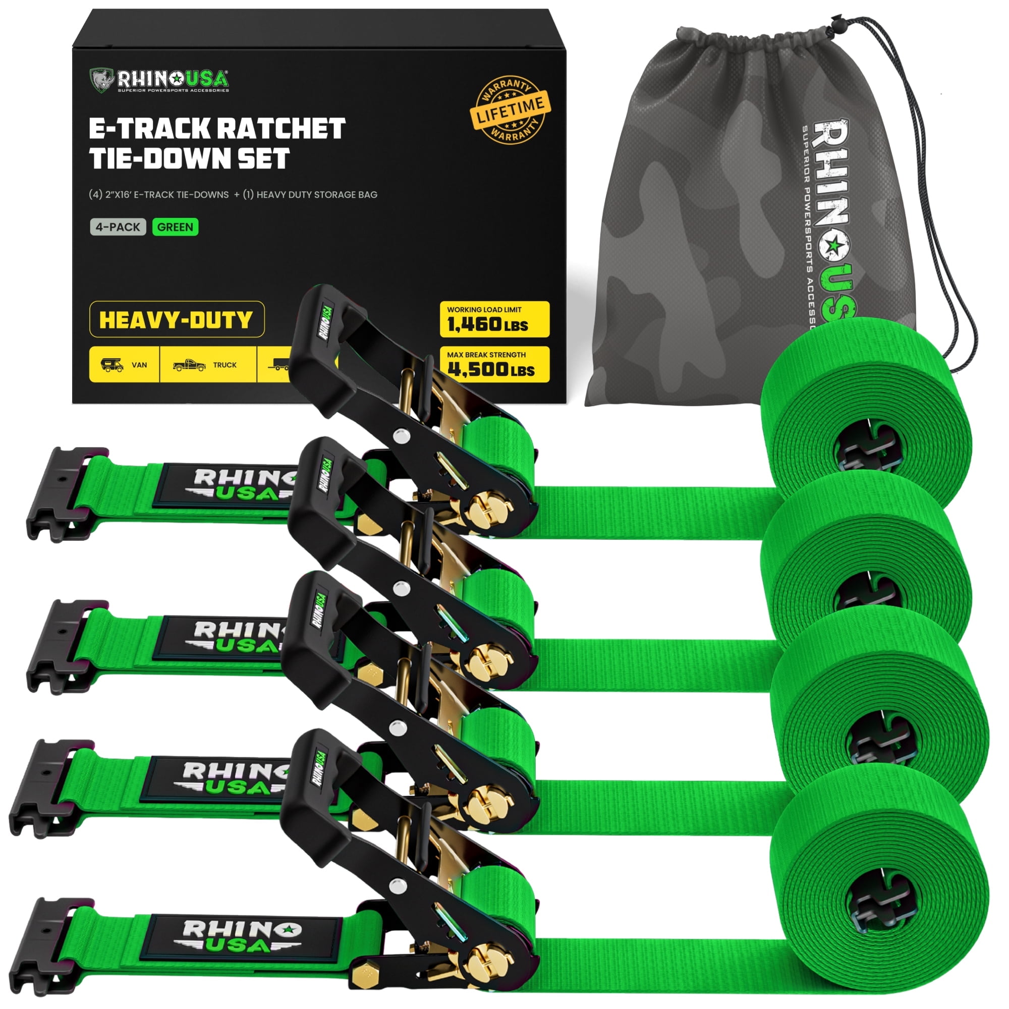 Rhino USA E Track Ratchet Tie Down Straps (4,500lb Break Strength) - w ...