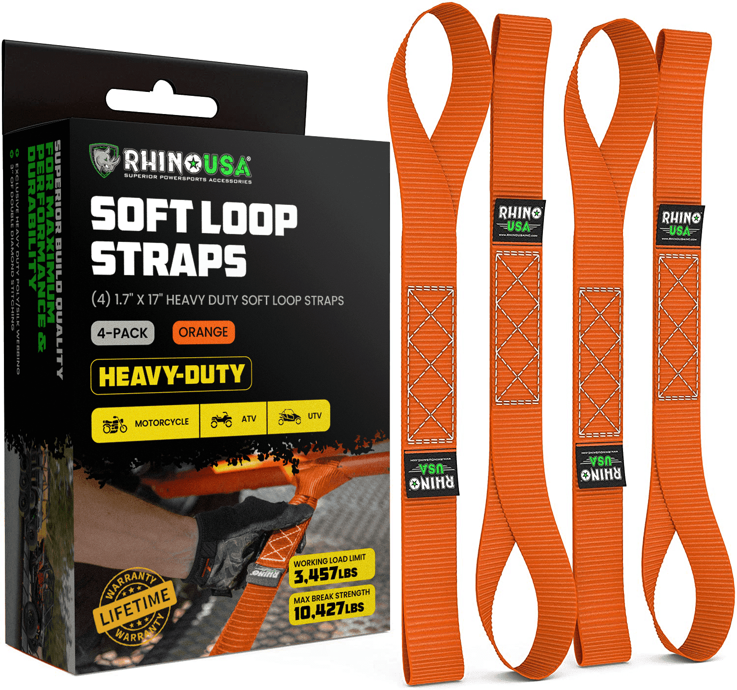 Rhino USA - 1.7" x 17" Soft Loop Tie-Down Straps (4-Pack) - 10,427lbs Max Break Strength (2" H ...