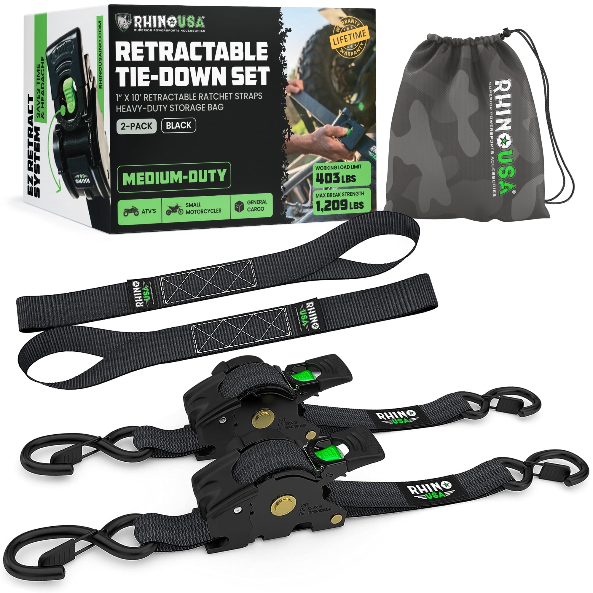 Rhino USA Heavy Duty 1" x 10' Retractable Ratchet Straps 1,209lb Break ...