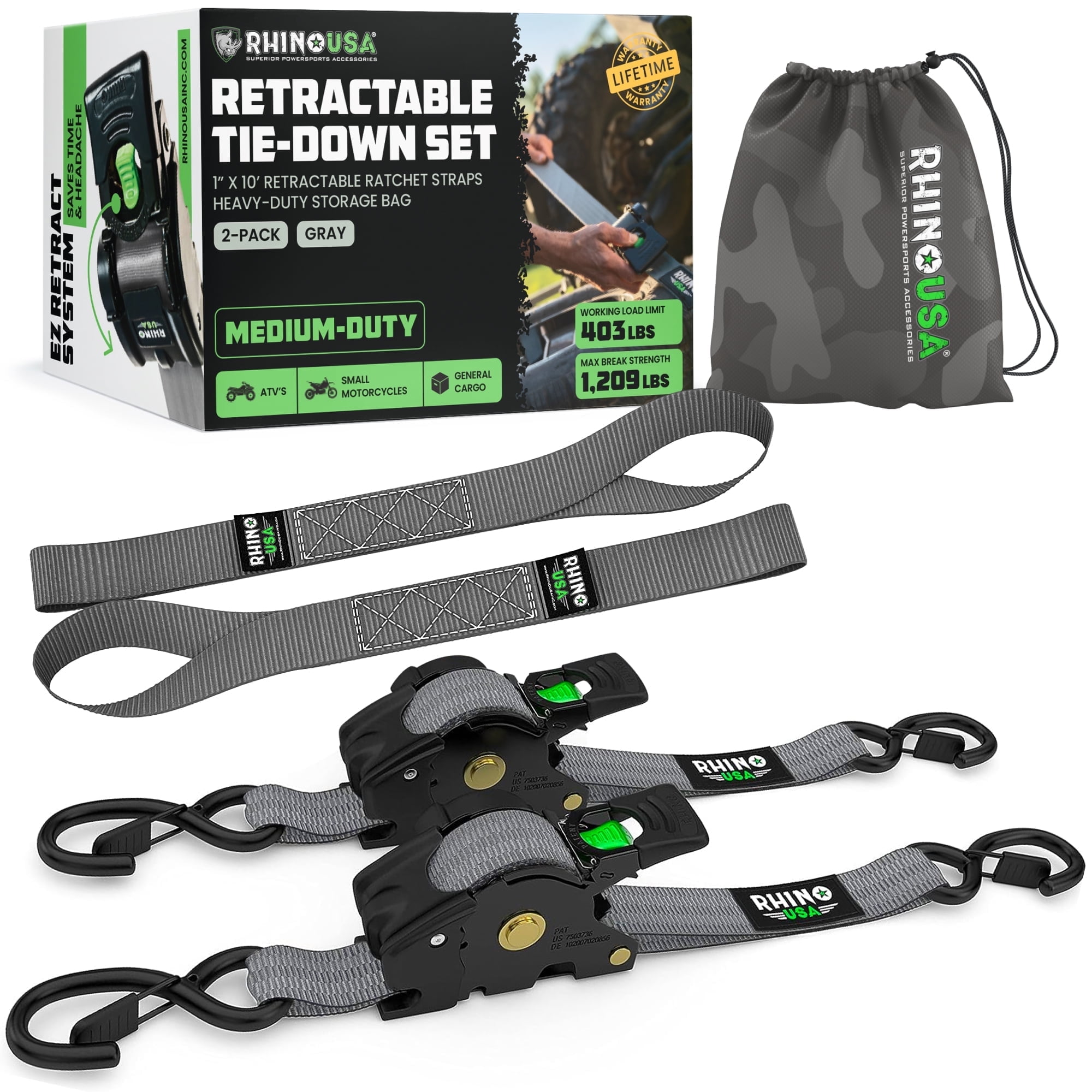 Rhino USA Heavy Duty 1" x 10' Retractable Ratchet Straps 1,209lb Break ...