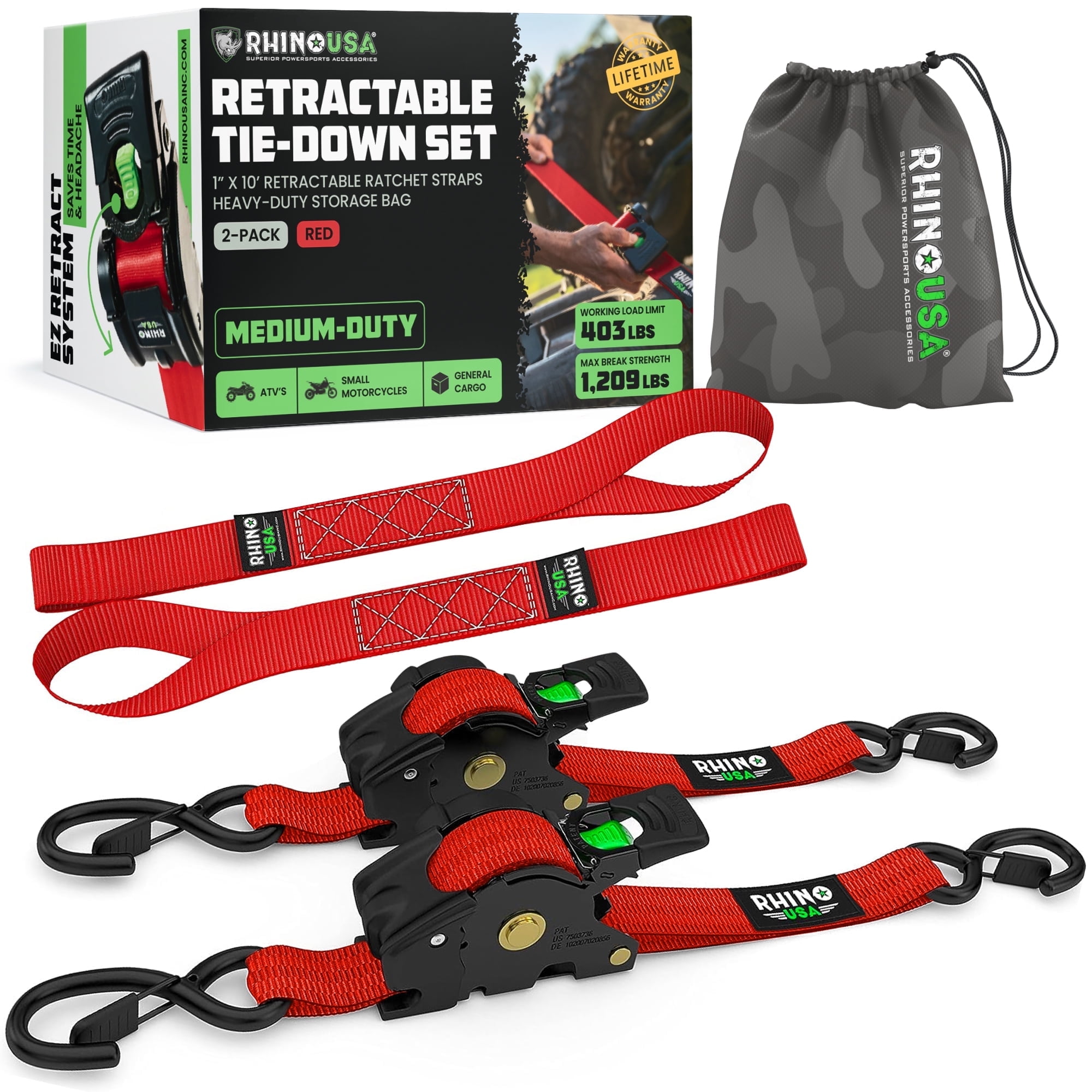 Rhino USA Heavy Duty 1" x 10' Retractable Ratchet Straps 1,209lb Break ...