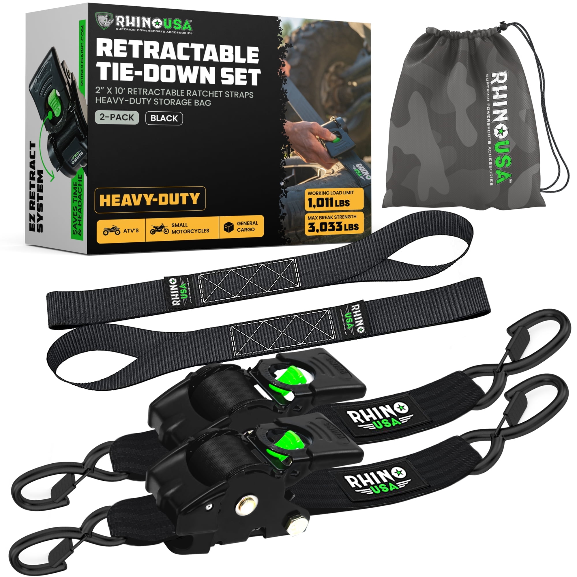"Rhino USA 2"" x 10' Heavy Duty Retractable Ratchet Straps with Hooks ...