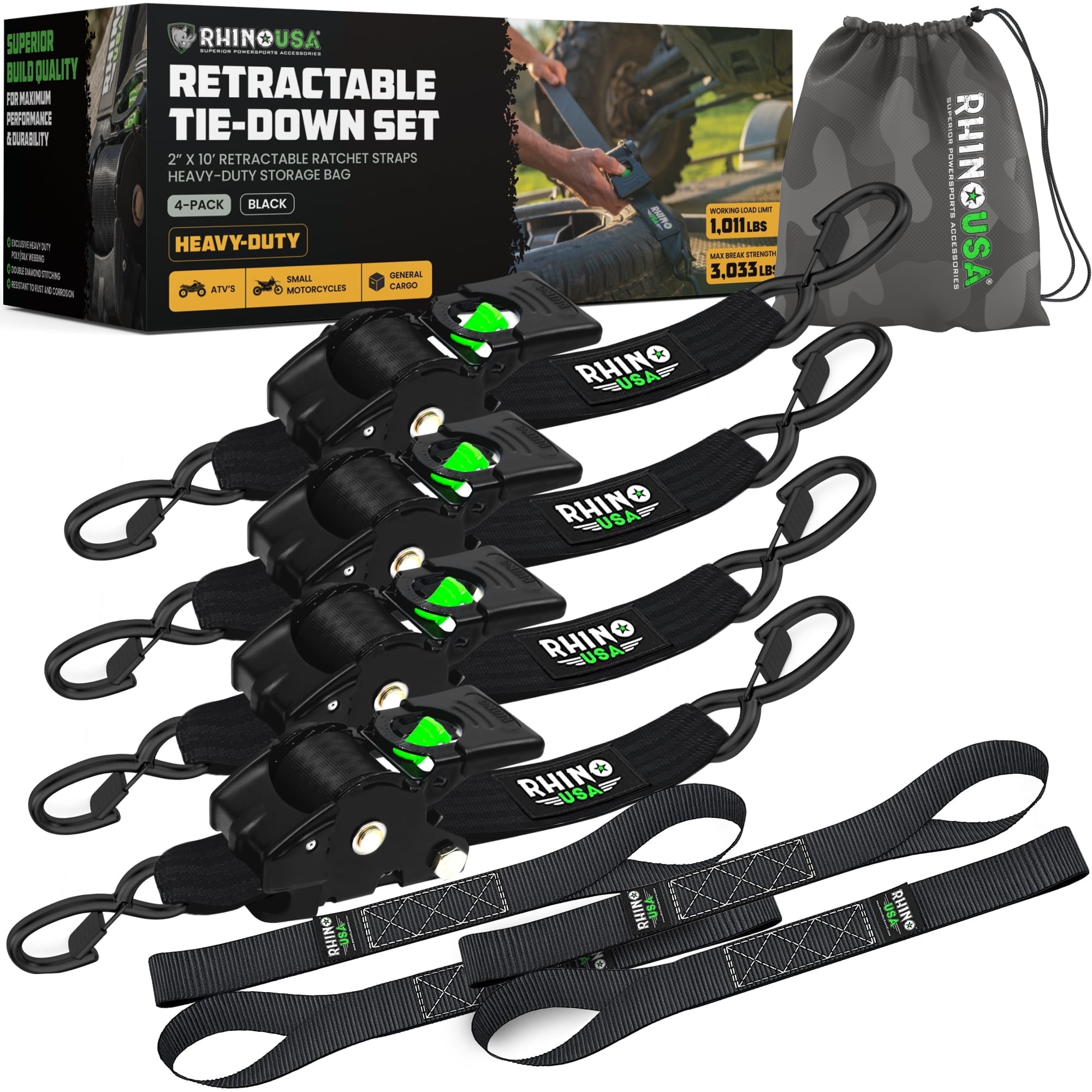 Rhino USA Heavy Duty 2" x 10' Retractable Ratchet Straps 3,033lb Break ...