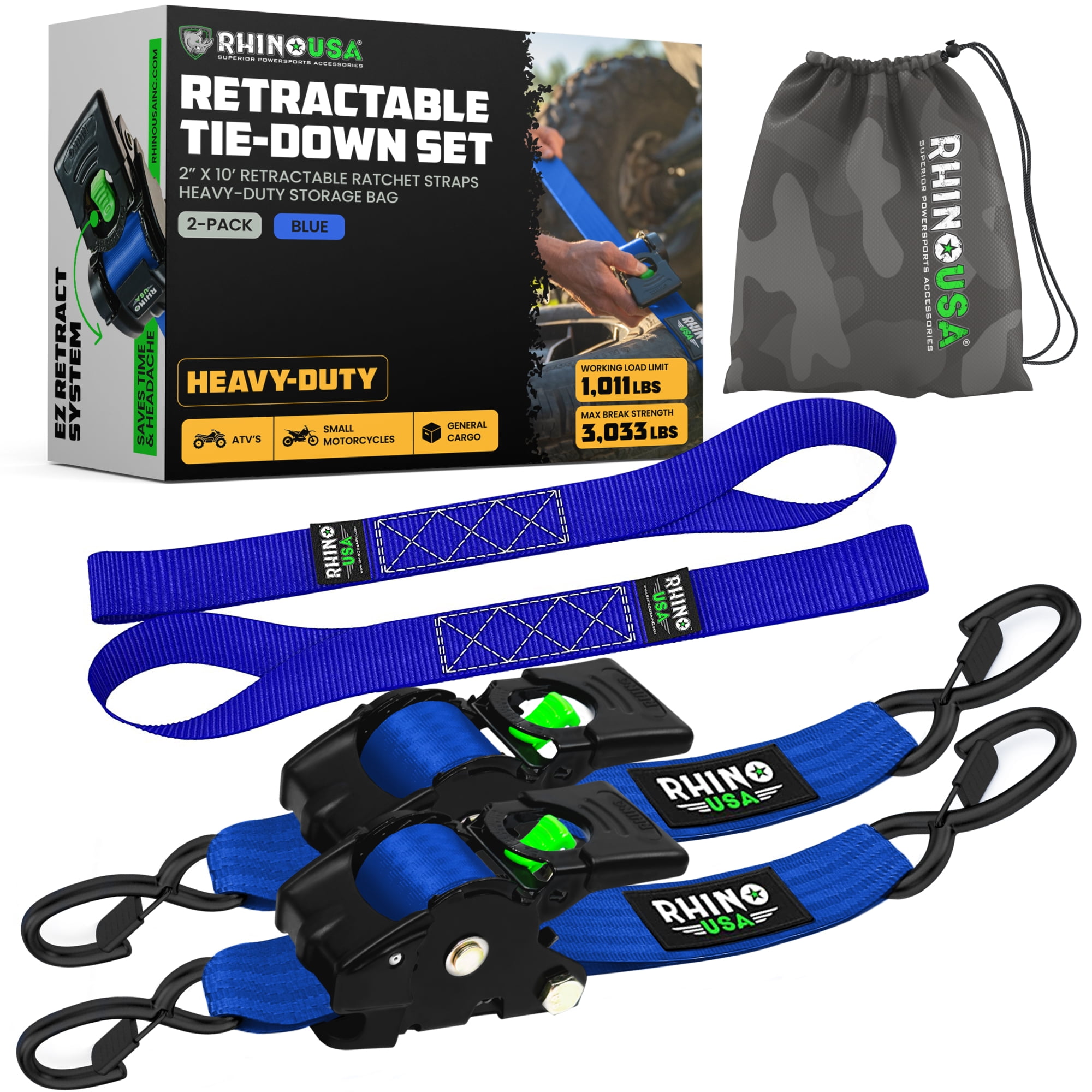 Rhino USA Heavy Duty 2" x 10' Retractable Ratchet Straps 3,033lb Break ...