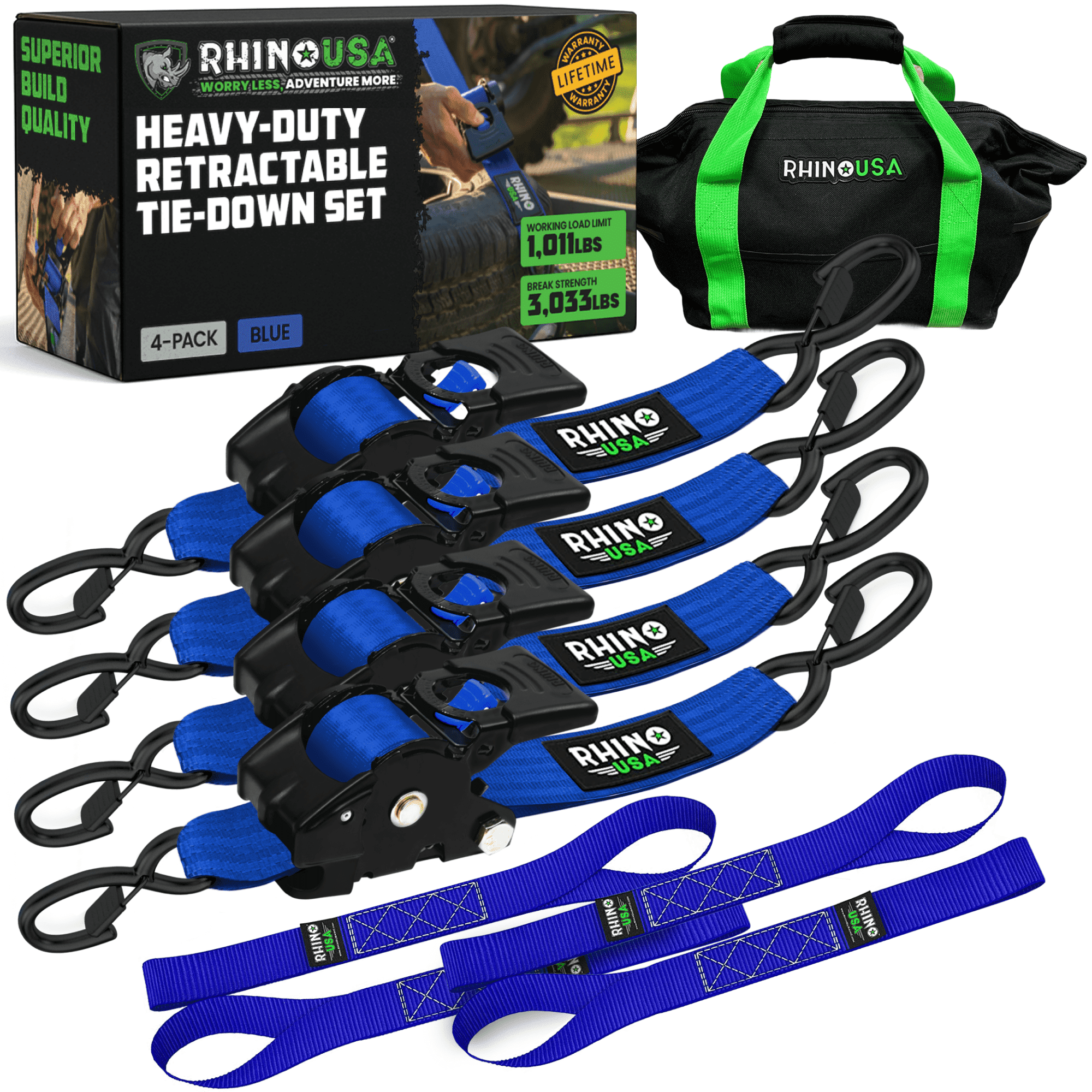 Rhino USA Heavy Duty 2" x 10' Retractable Ratchet Straps 3,033lb Break ...