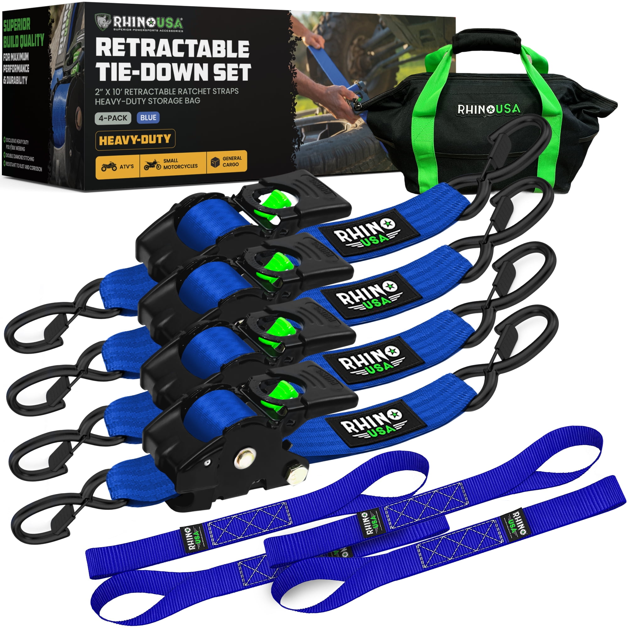 Rhino USA Heavy Duty 2" x 10' Retractable Ratchet Straps 3,033lb Break ...