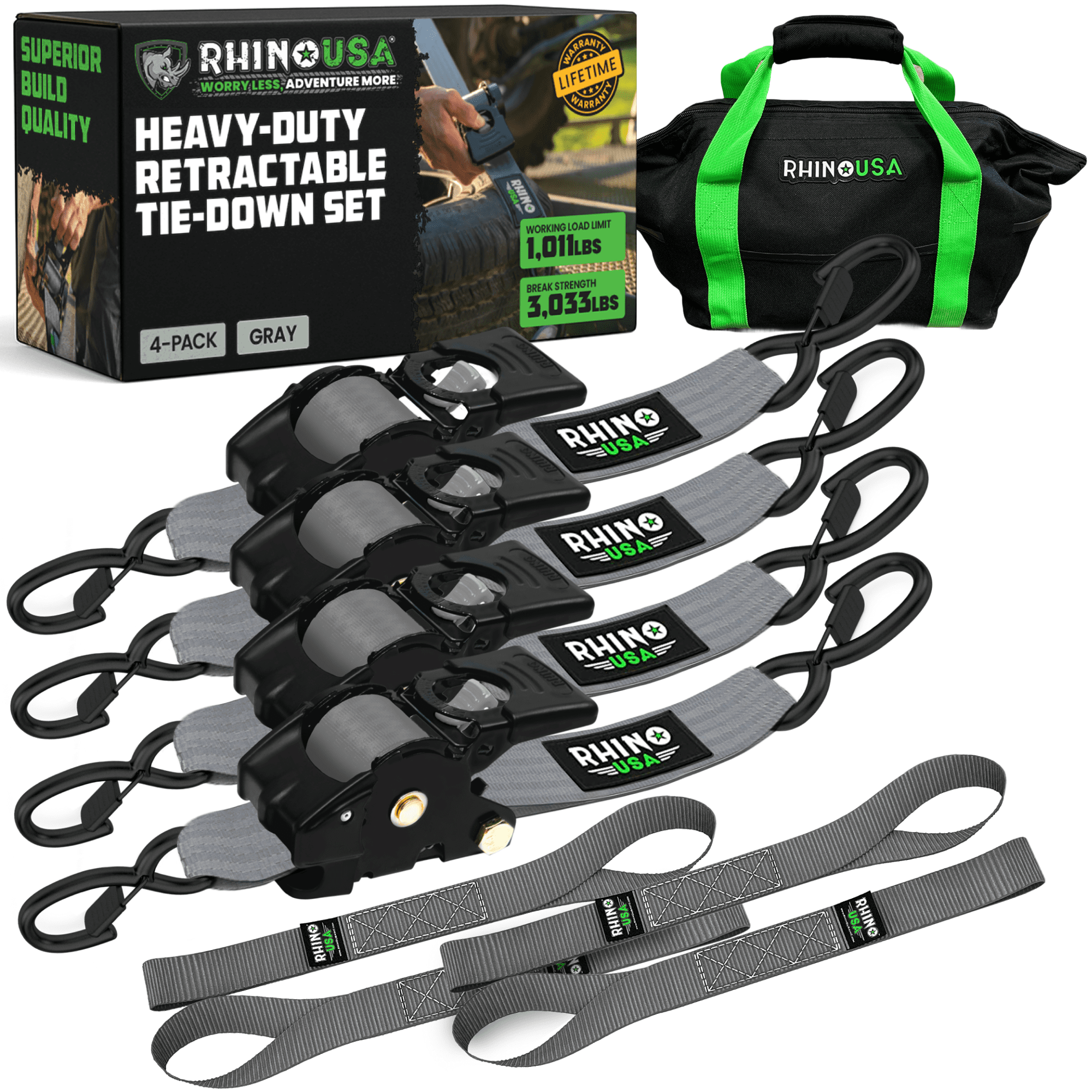 Rhino USA Heavy Duty 2" x 10' Retractable Ratchet Straps 3,033lb Break ...