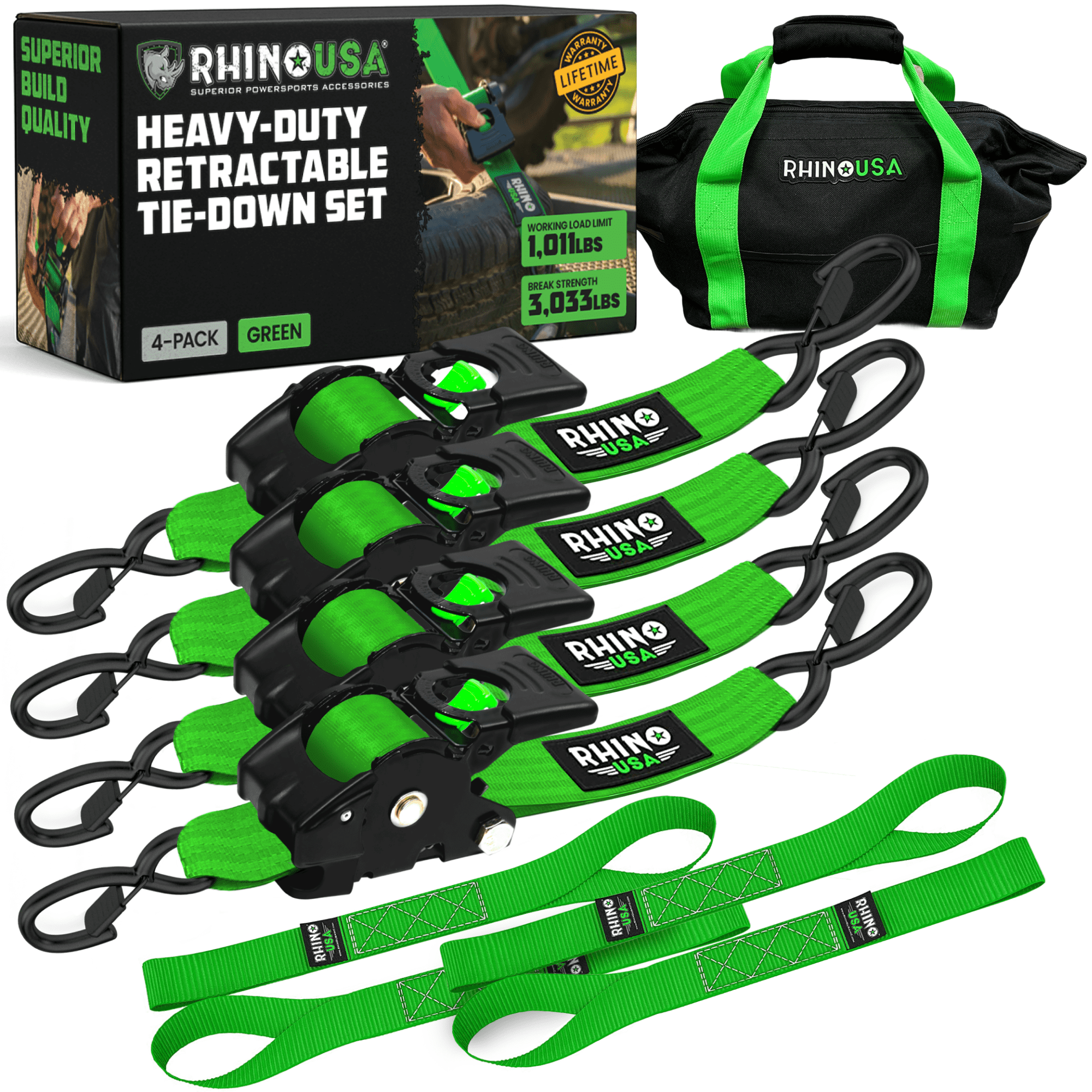 Rhino USA Heavy Duty 2" x 10' Retractable Ratchet Straps 3,033lb Break ...
