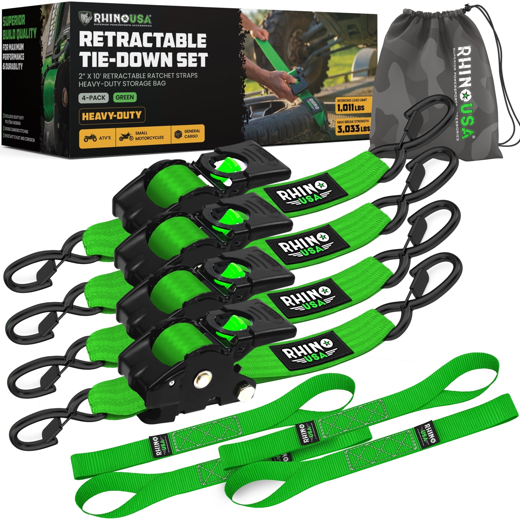 Rhino USA Heavy Duty 2" x 10' Retractable Ratchet Straps 3,033lb Break ...