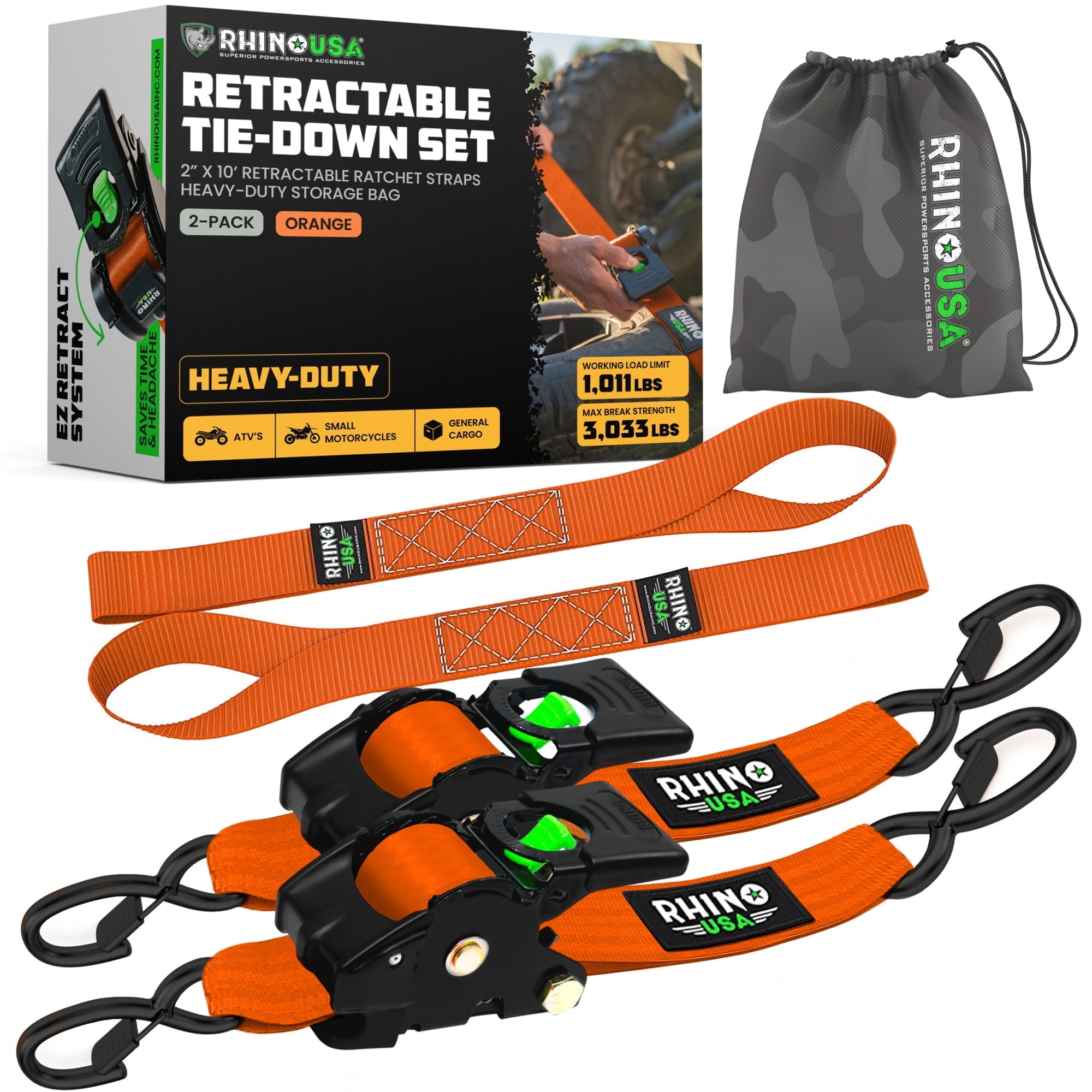 Rhino USA Heavy Duty 2" x 10' Retractable Ratchet Straps 3,033lb Break ...