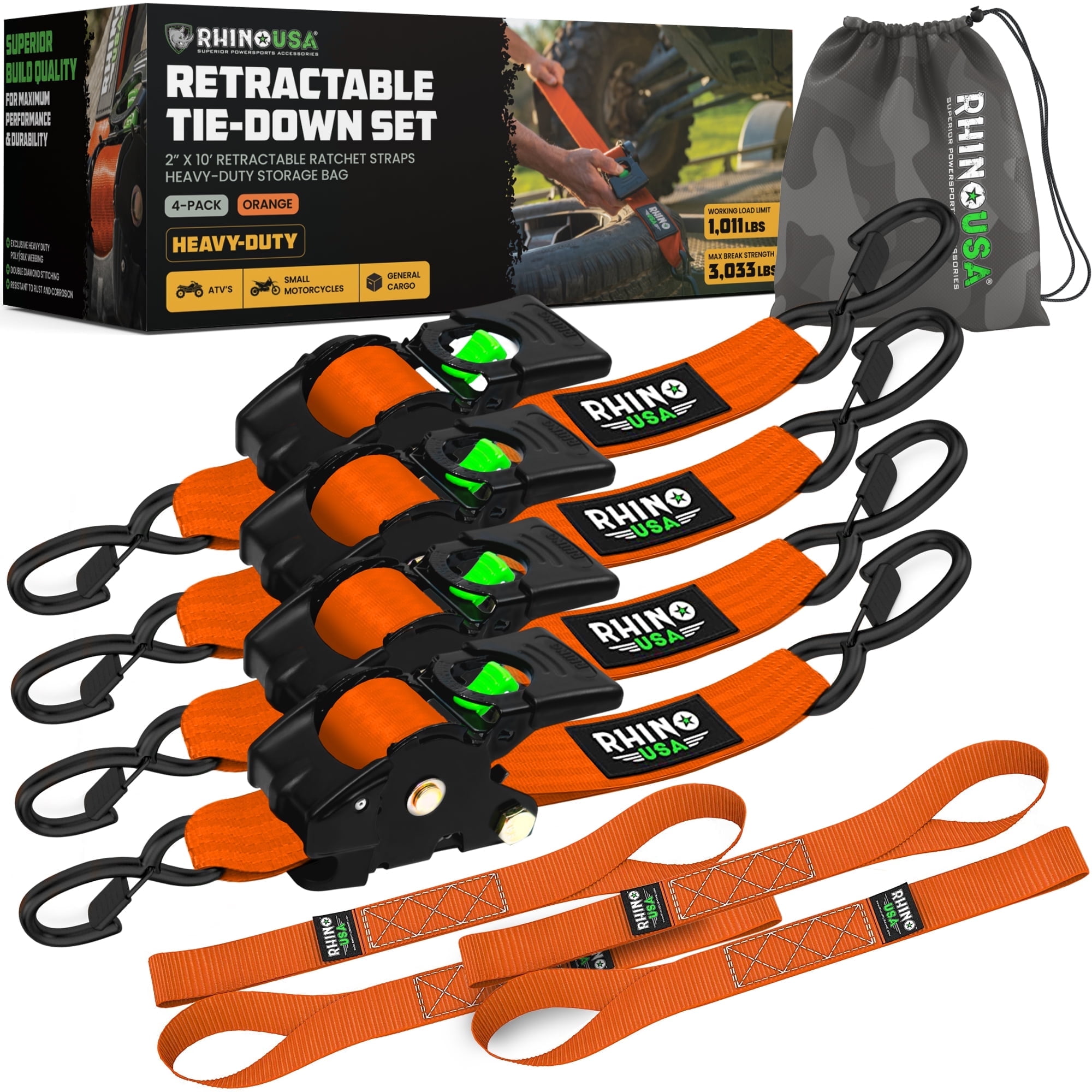 Rhino USA Heavy Duty 2" x 10' Retractable Ratchet Straps 3,033lb Break ...