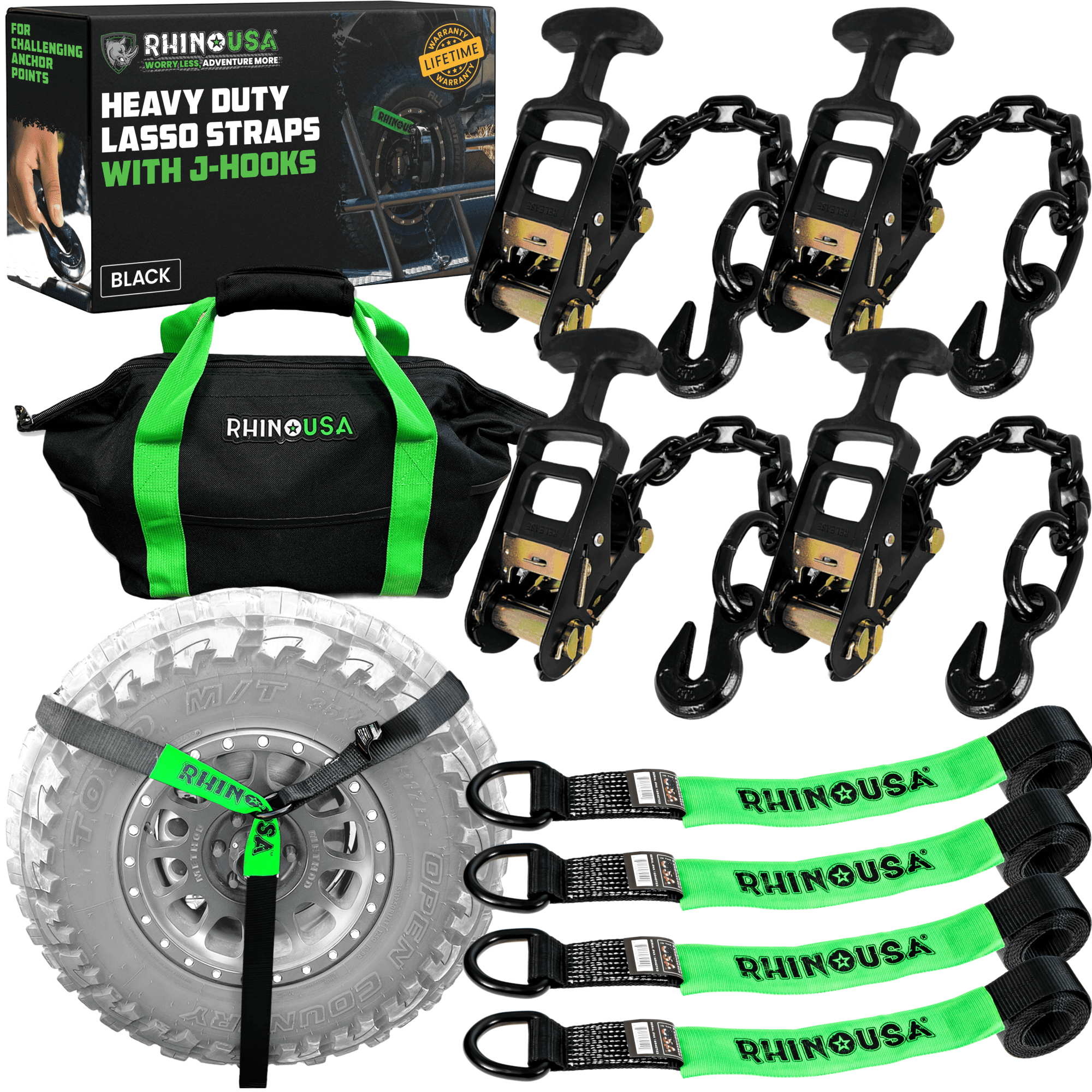 Rhino USA Heavy Duty 2x8' Car Tie Down Straps Black 4Pack with J Hooks ...