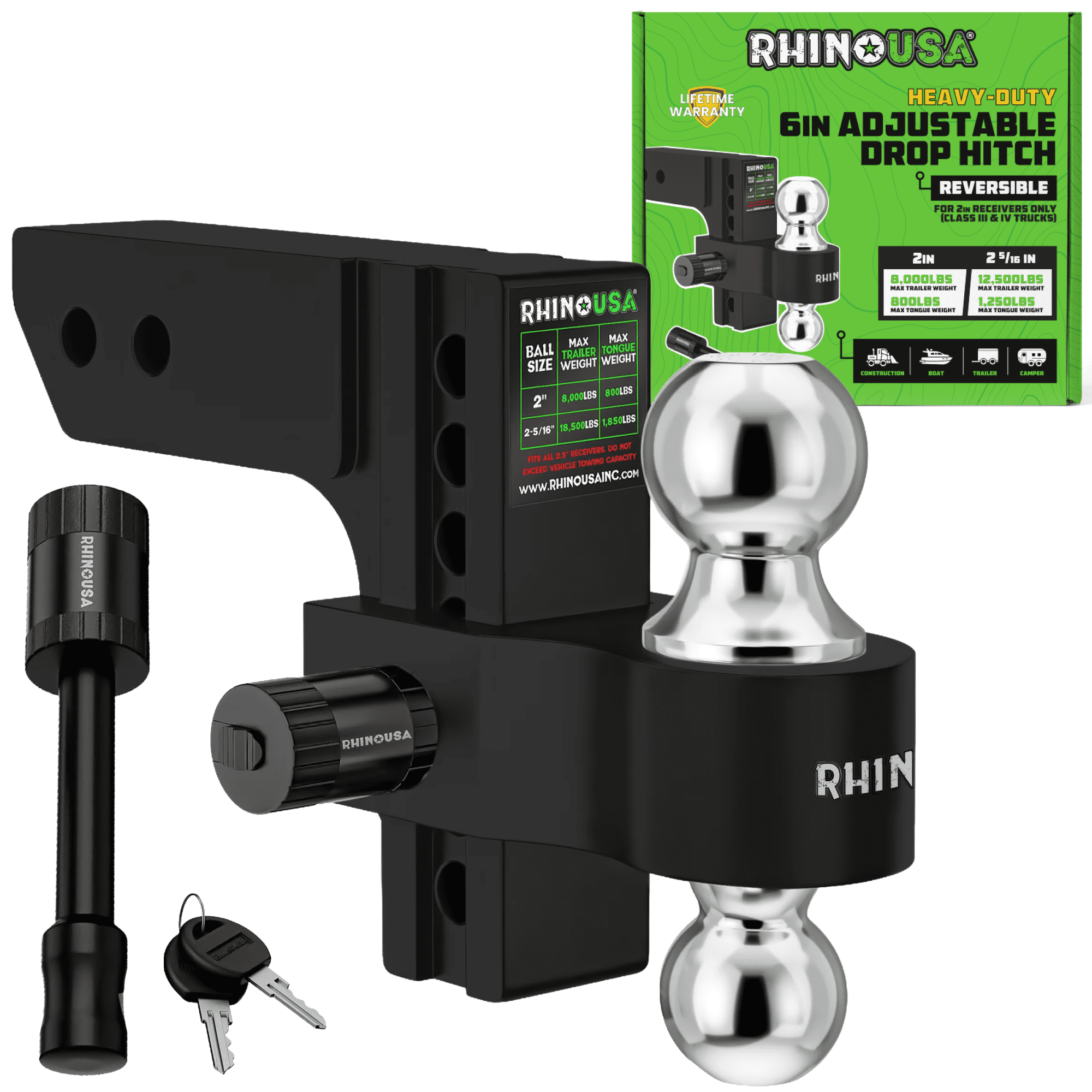 Rhino USA Heavy Duty 6 Inch Adjustable Drop Hitch with Black Finish and ...