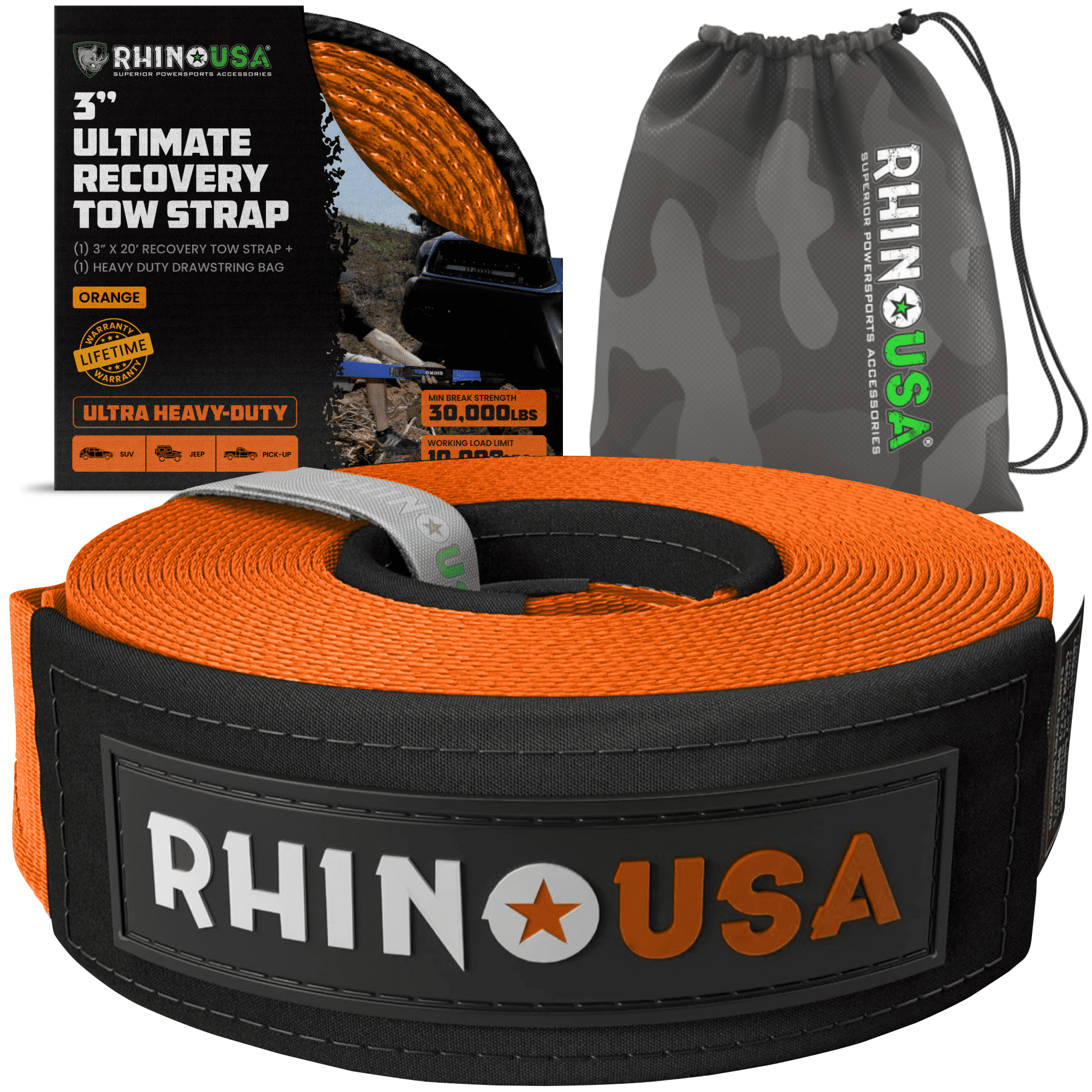 Rhino USA Recovery Tow Strap (3"x20')- 31,518lb Break Strength ...