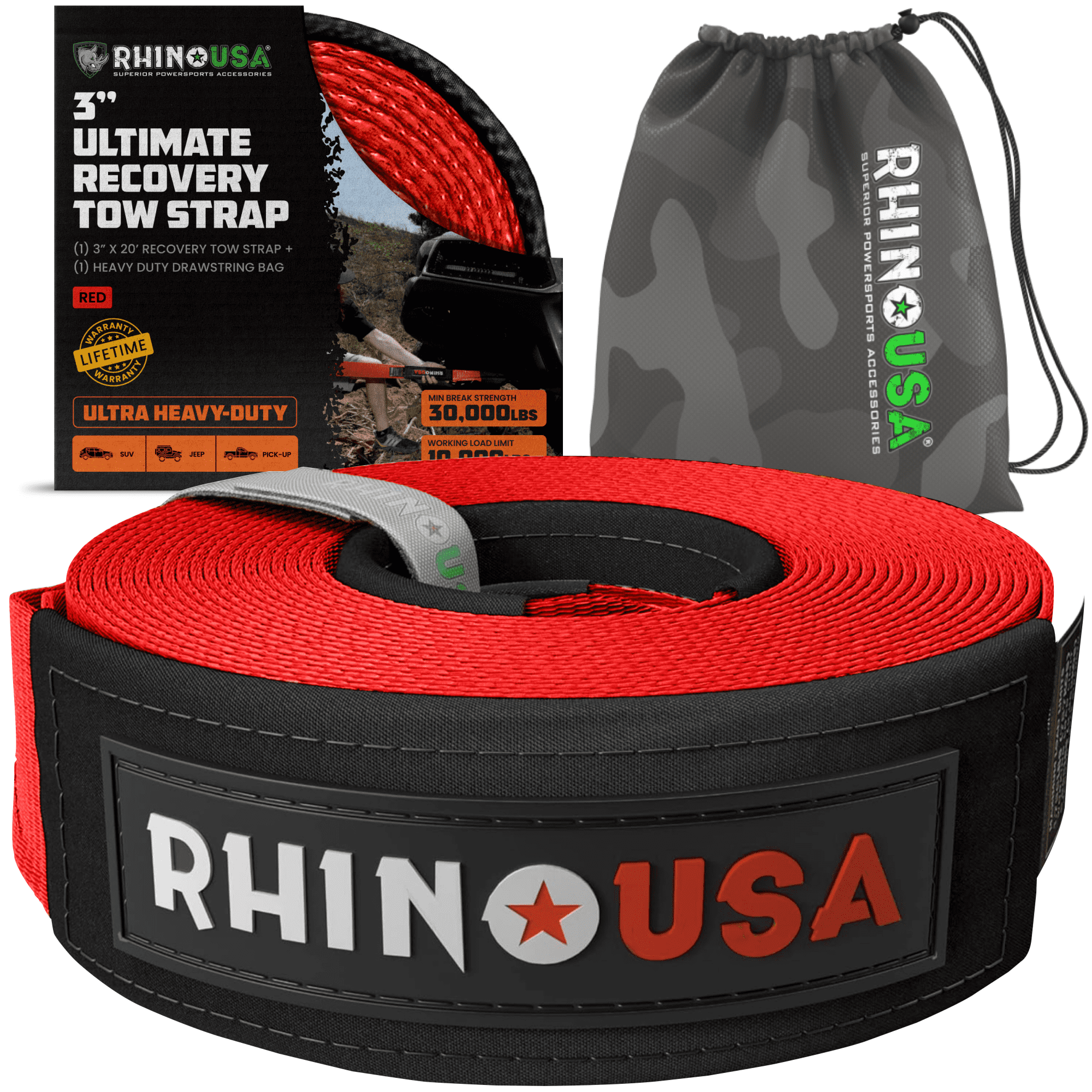 Rhino USA Recovery Tow Strap (3"x20') - 31,518lb Break Strength ...