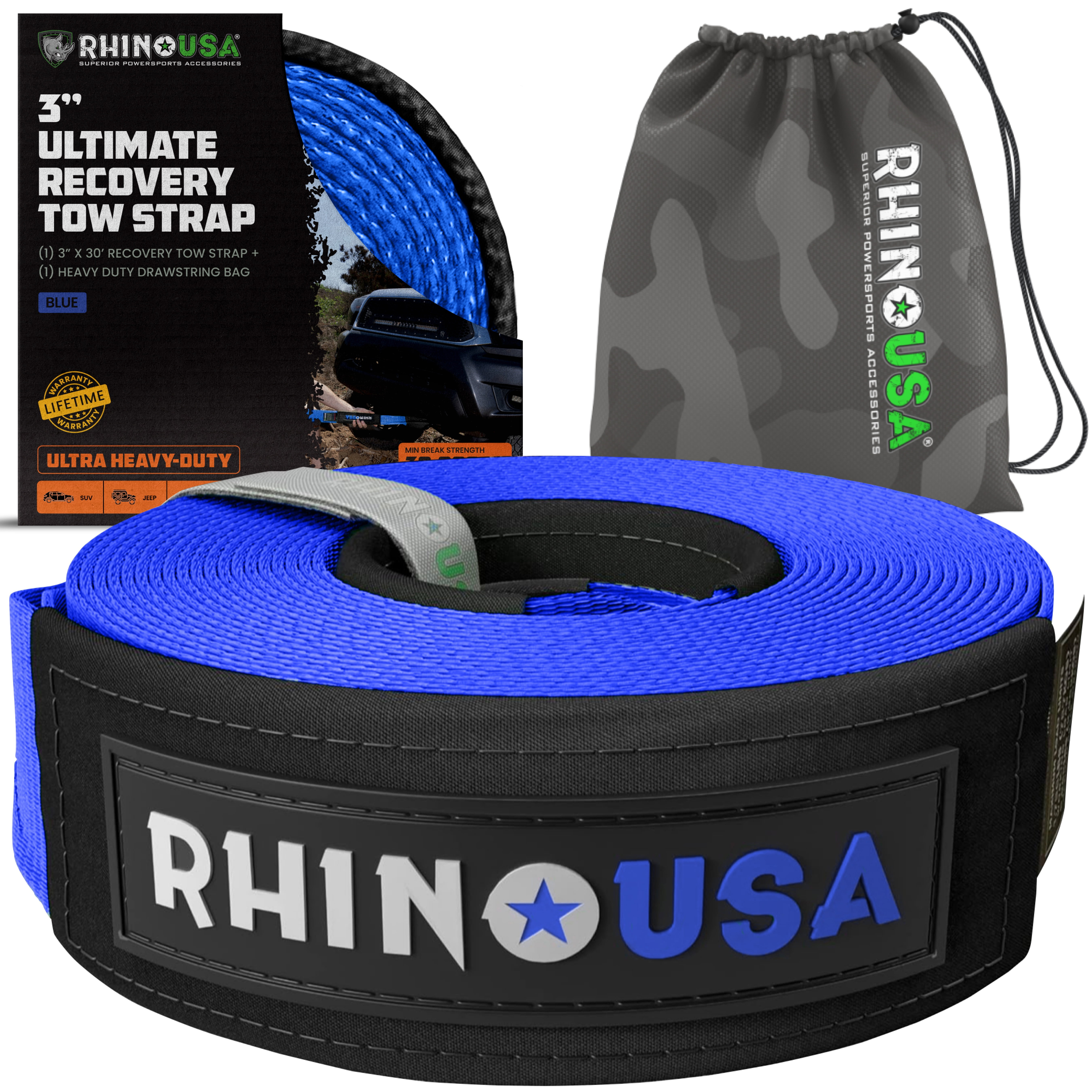 Rhino USA Recovery Tow Strap (3"x30') - 31,518lb Break Strength ...