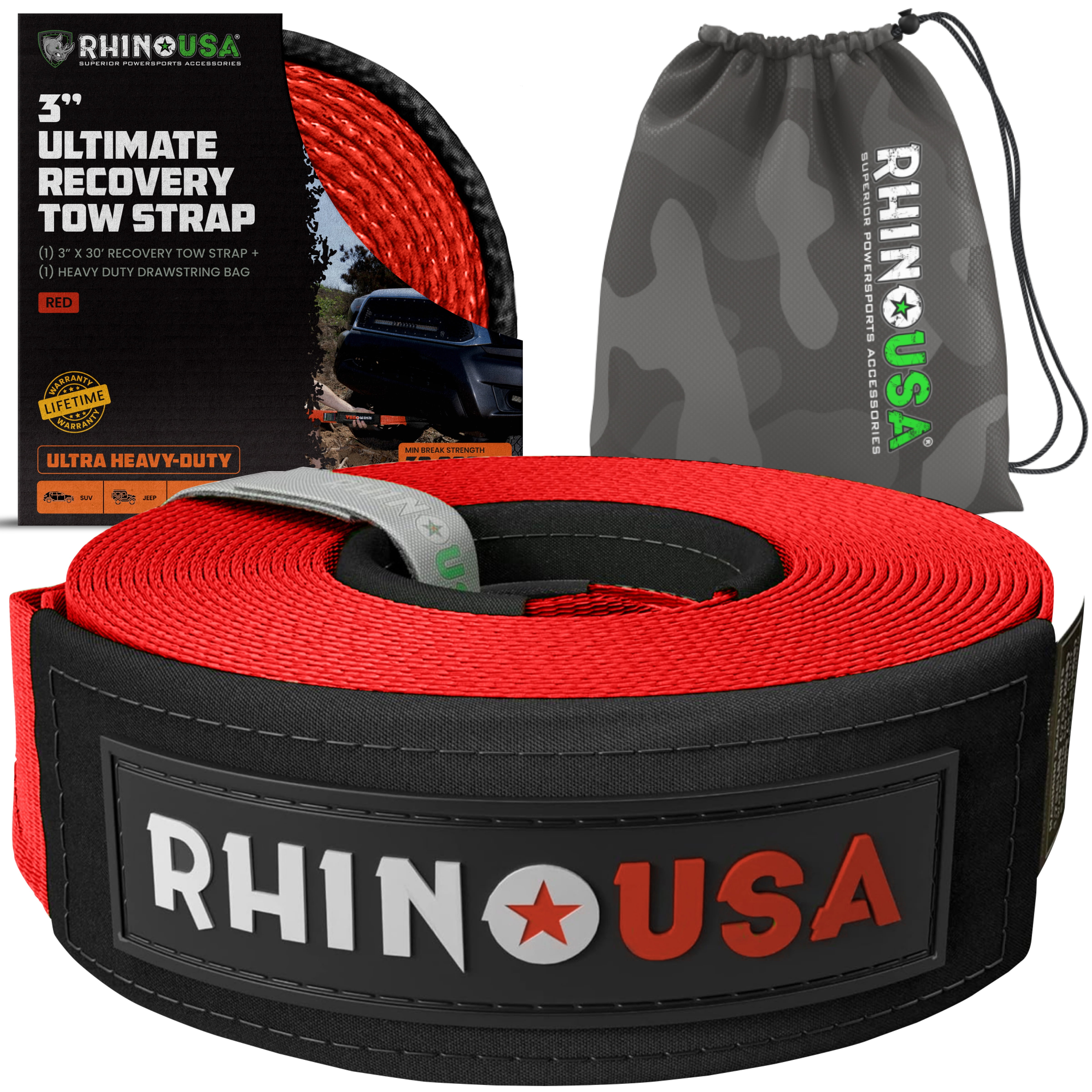 Rhino USA Recovery Tow Strap (3"x30') - 31,518lb Break Strength ...