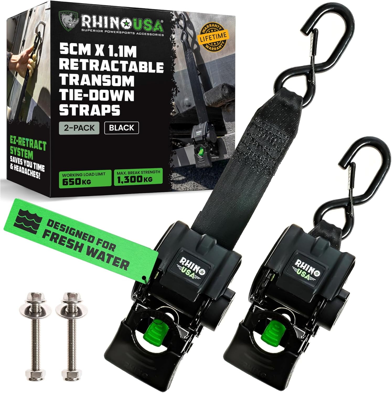 Rhino USA Retractable Boat Trailer Tie Down Straps 2PK – Durable (2in x ...