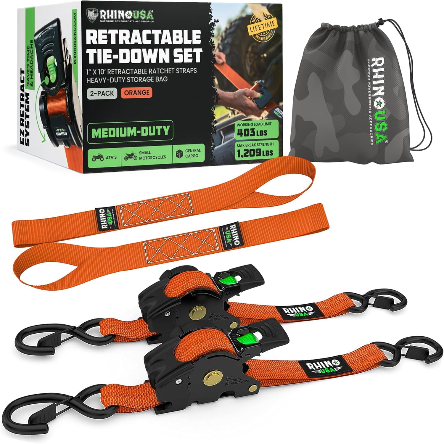 Rhino USA Retractable Ratchet Straps (2-Pack) - 1 Inch x 10 Feet (1 ...
