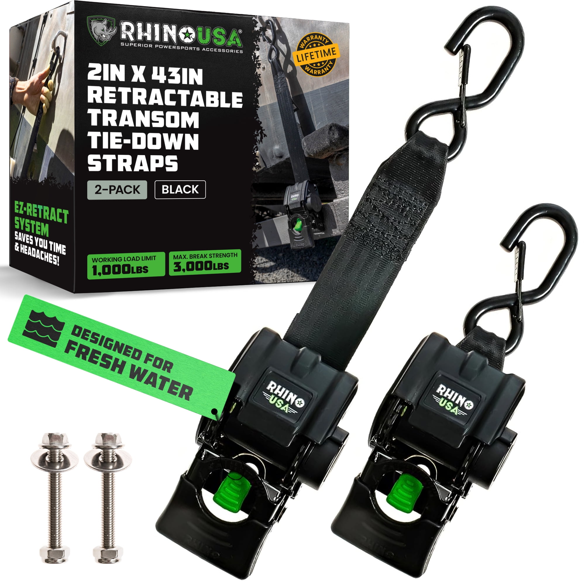 Rhino USA Retractable Transom Tie-Down Straps for Boat Trailer, 2-Pack ...