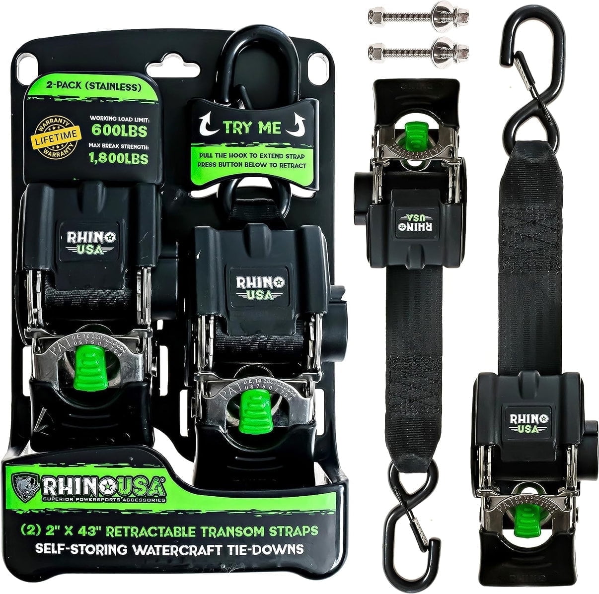 Rhino USA Retractable Boat Tow Straps 2-Pack - 1,800lb Strength, 2"x43 ...