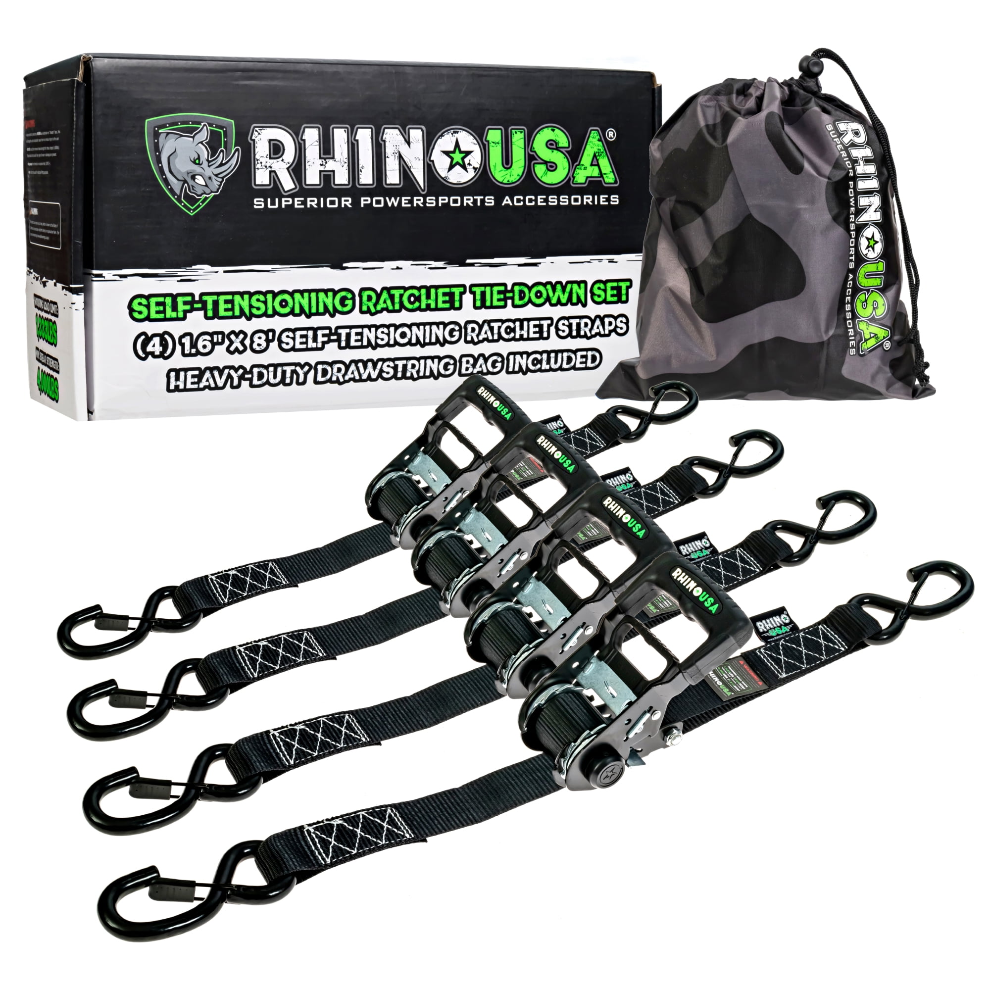 Rhino USA Self Tensioning Ratchet Tie Down Straps (4PK 1.6INX8FT ...