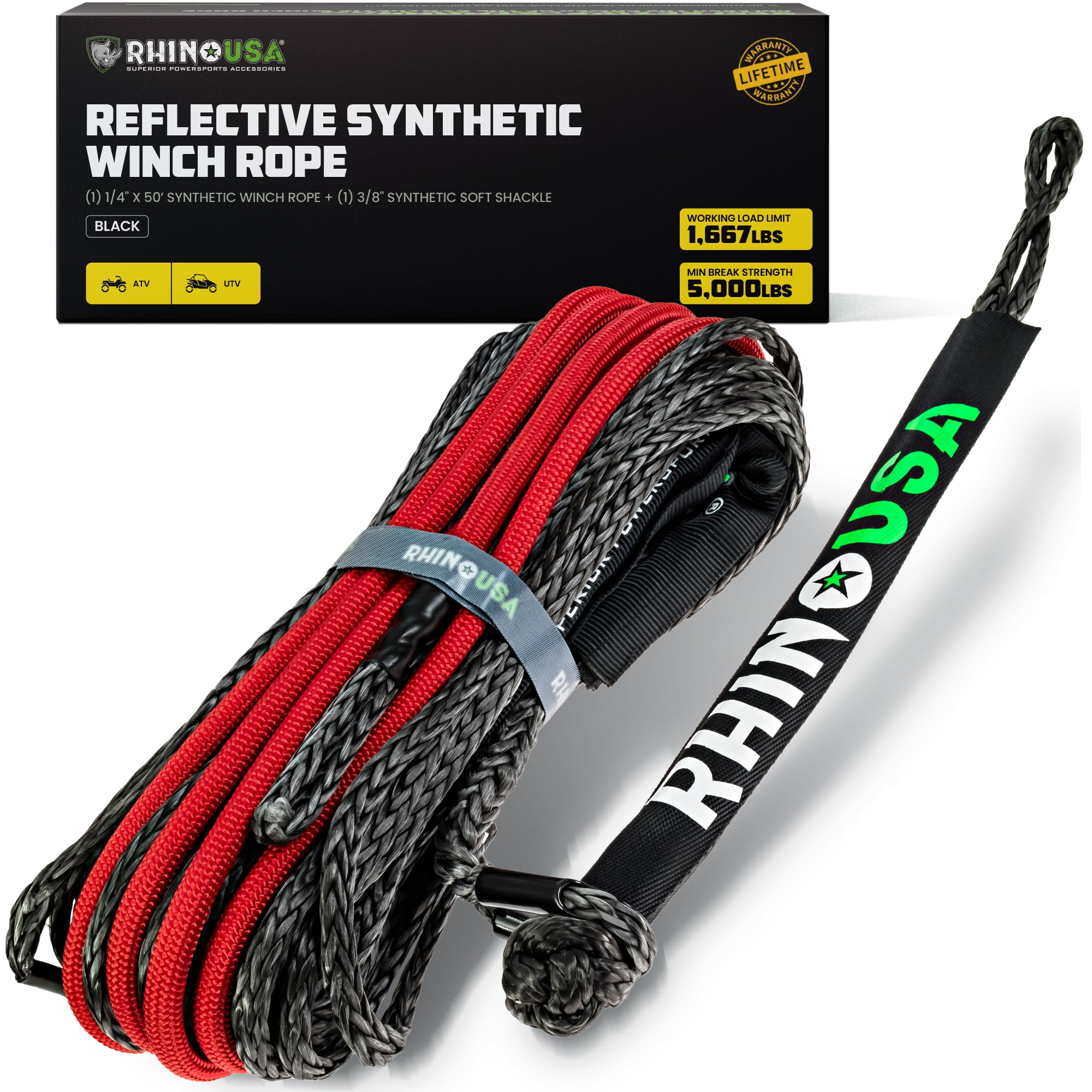 Rhino USA Synthetic Winch Line (1/4" x 50') for ATV/UTV - Winch Rope ...